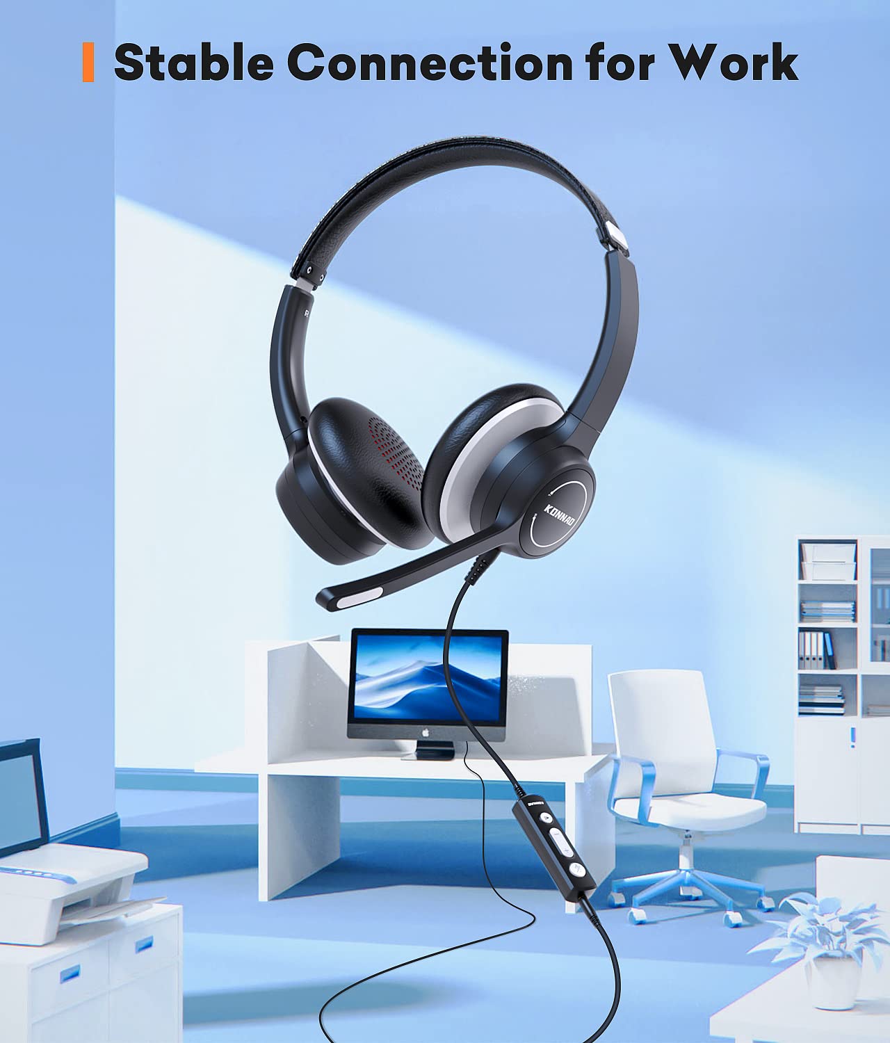 KONNAO USB Headset with Microphone, 3.5mm Wired Computer Headsets with Noise Cancelling Microphone, Stereo Headphones with MIC for PC, in Line Controls, Work Headset for Skype Zoom Tablet Laptop