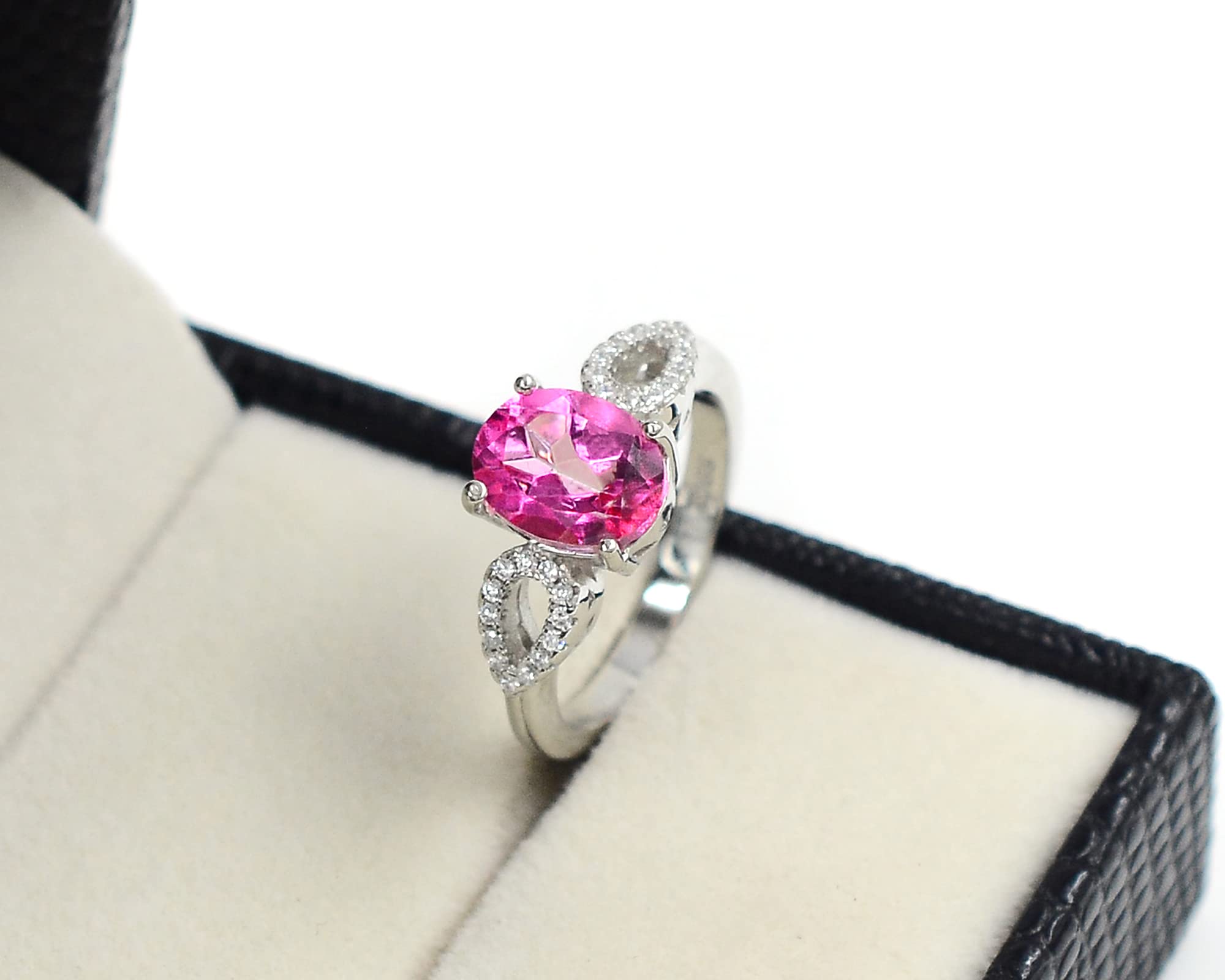 Natural 9X7 MM Oval Cut Pink Topaz Gemstone 925 Sterling Silver Wedding Jewelry Solitaire Unisex Proposal Engagement Ring Bridal Ring Gift For Her (Rhodium Plated Silver, 10)