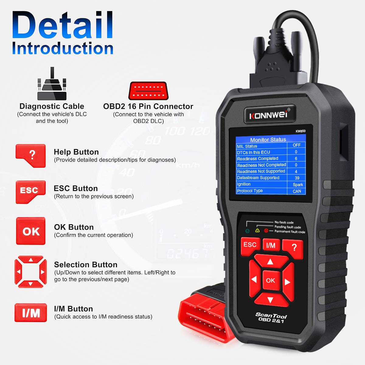 KONNWEI OBD2 Scanner Professional Car OBD II Scanner Auto Diagnostic Fault Code Reader Automotive Check Engine Light Diagnostic EOBD Scan Tool for All OBDII Protocol Cars Since 1996 (Enhanced KW850)