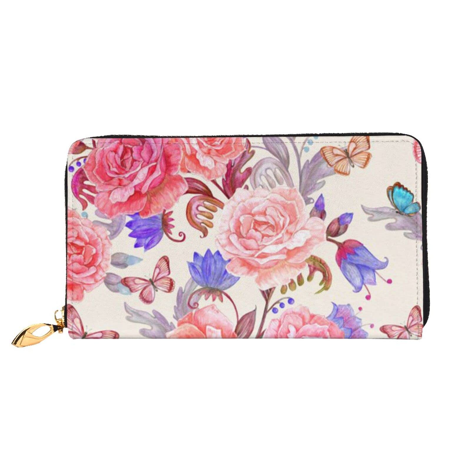 Red Roses Leather Wallets for Women Mens Long Zipper Slim Wallets Checkbook Cover Clutch Coin Purse with 12 Card Slots
