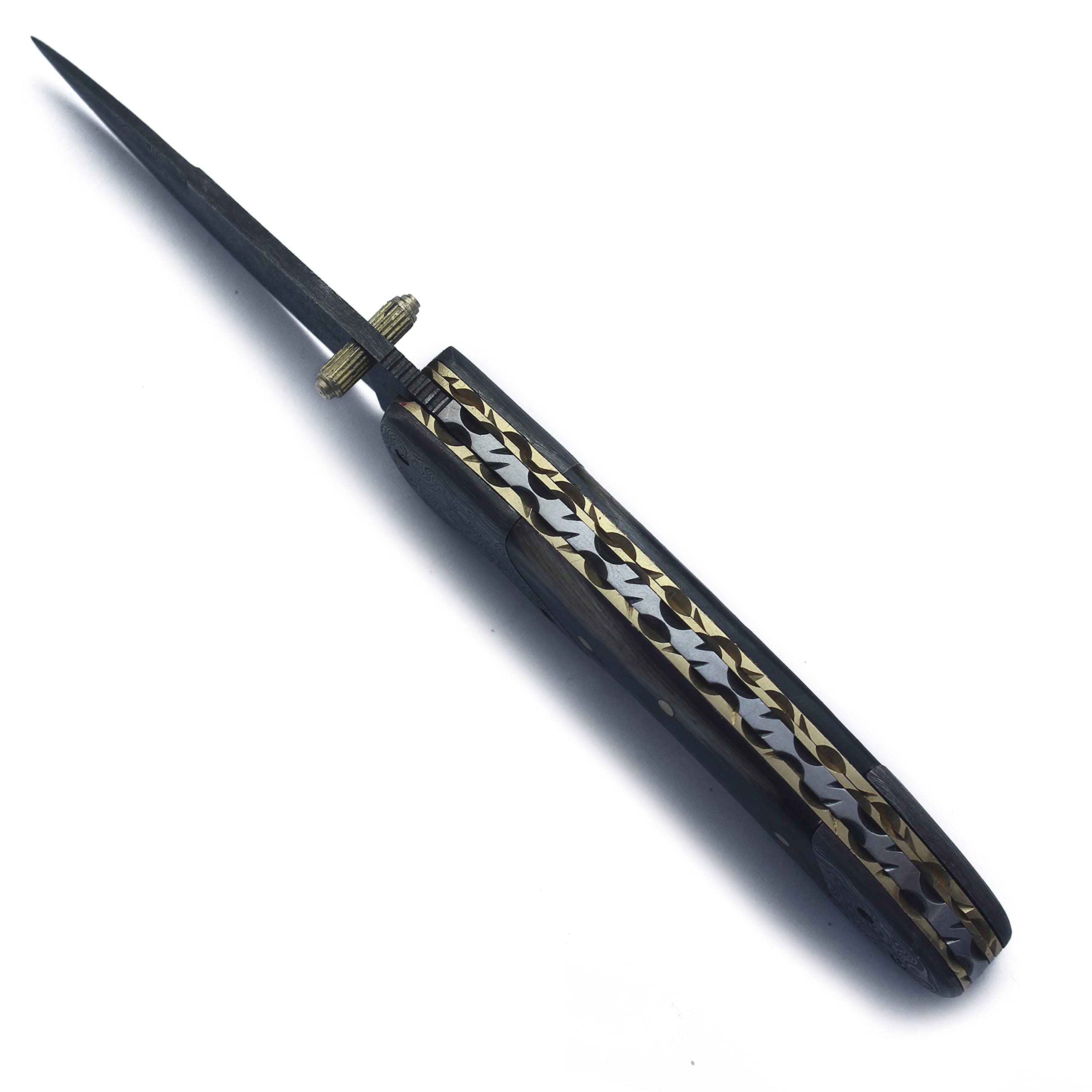 MAAN handmade Damascus Tactical Pocket Knife Sheep Horn Handle Damascus Steel Folding leather sheath Designed for hunting, survival gear & EDC MNK 302