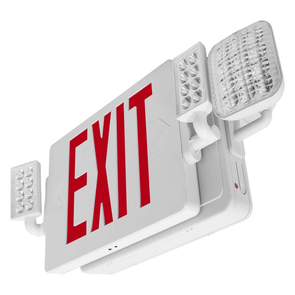LFI Lights | Thin Combo Red Exit Sign with Emergency Lights | White Housing | All LED | Two Adjustable Heads | Hardwired with Battery Backup | UL Listed | (4 Pack) | COMBOT-R