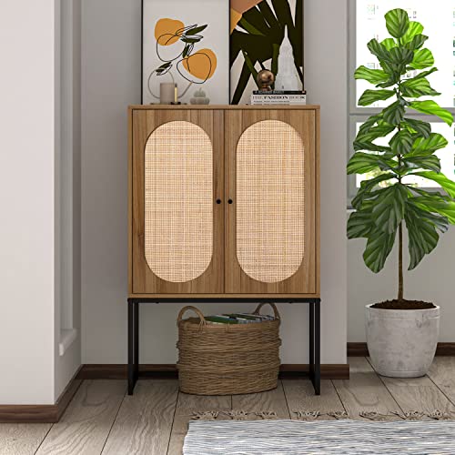 ZeHuoGe Natural Rattan Sideboard Buffet Storage Accent Cabinet with 2 Magnetic Door, Sideboard Buffet Cupboard Accent Cabinet, Built-in Adjustable Shelf Iron Bracket US Delivery (Walnut)