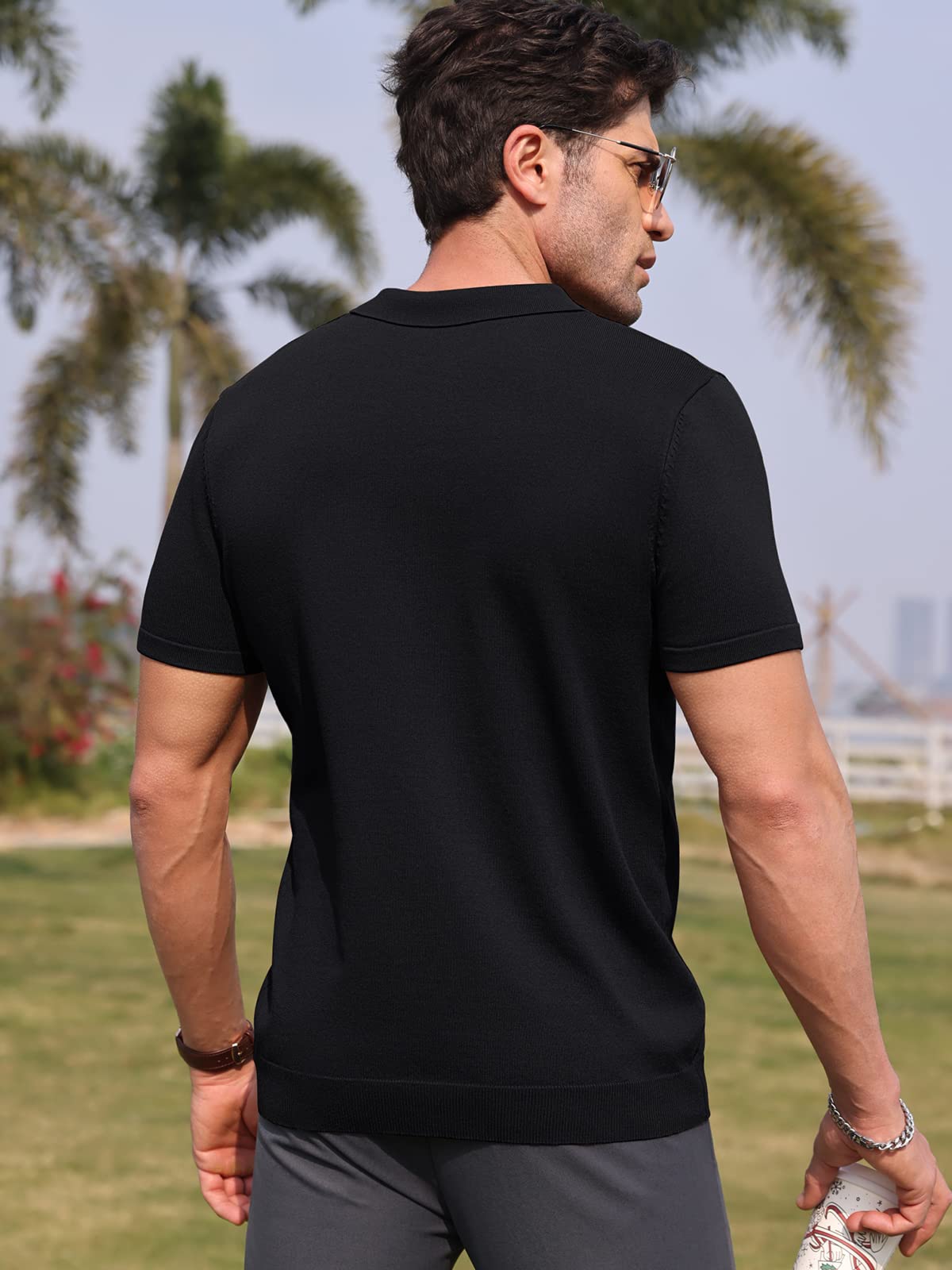 RQP Mens Zipper Polo Shirts Knit Wrinkle Free Casual Shirts Short/Long Sleeve,Stretch Fit Golf Shirts,Soft pullove,Black XL