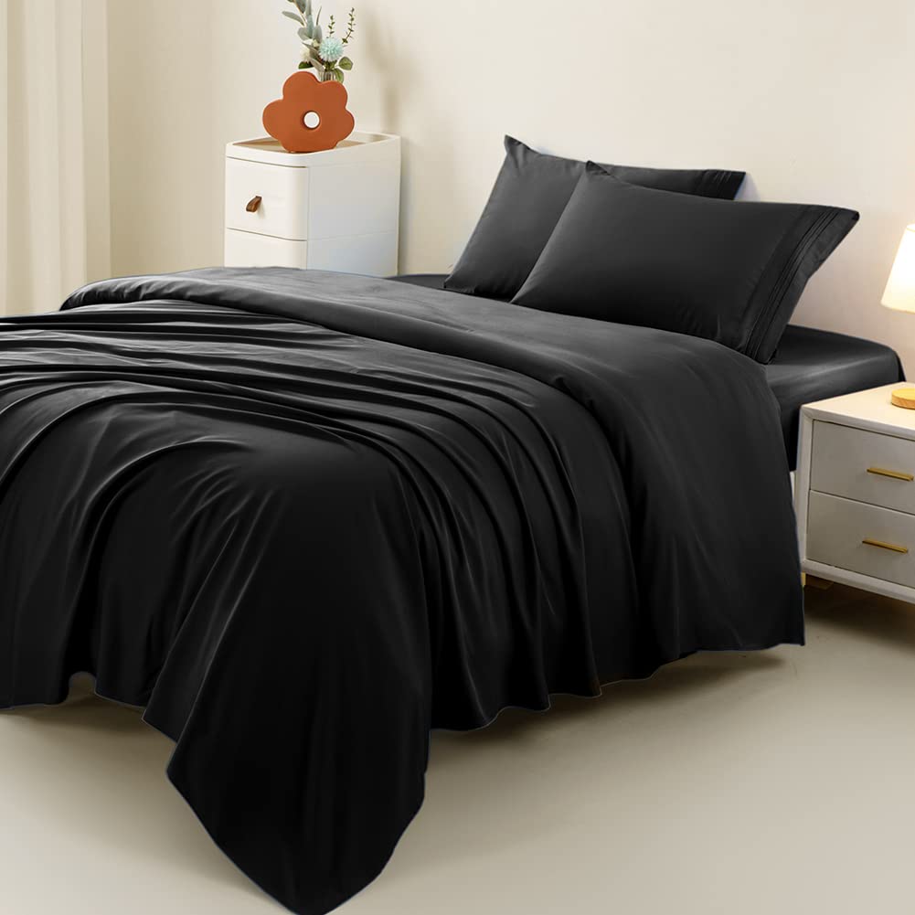 LIANLAM Full Bed Sheets Set - Super Soft Brushed Microfiber 1800 Thread Count - Breathable Luxury Egyptian Sheets 16-Inch Deep Pocket - Wrinkle and Hypoallergenic-4 Piece(Full, Black)