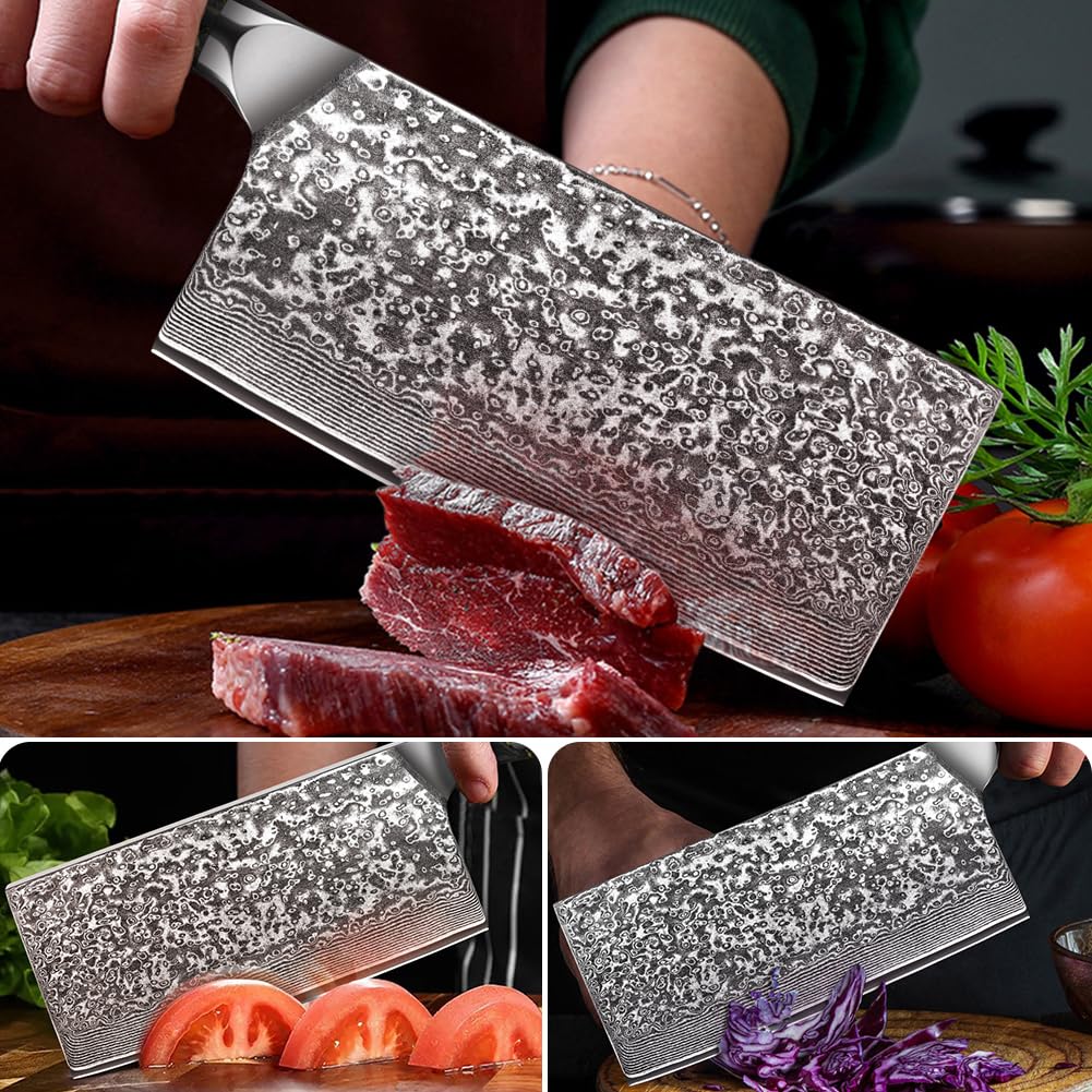 KEENZO Damascus Meat cleaver knife 7 inch, Professional kitchen knife, sharp Chinese chef knife. Hand forged high-carbon stainless steel butcher knife. Ergonomic Full-Tang handle with gift box 