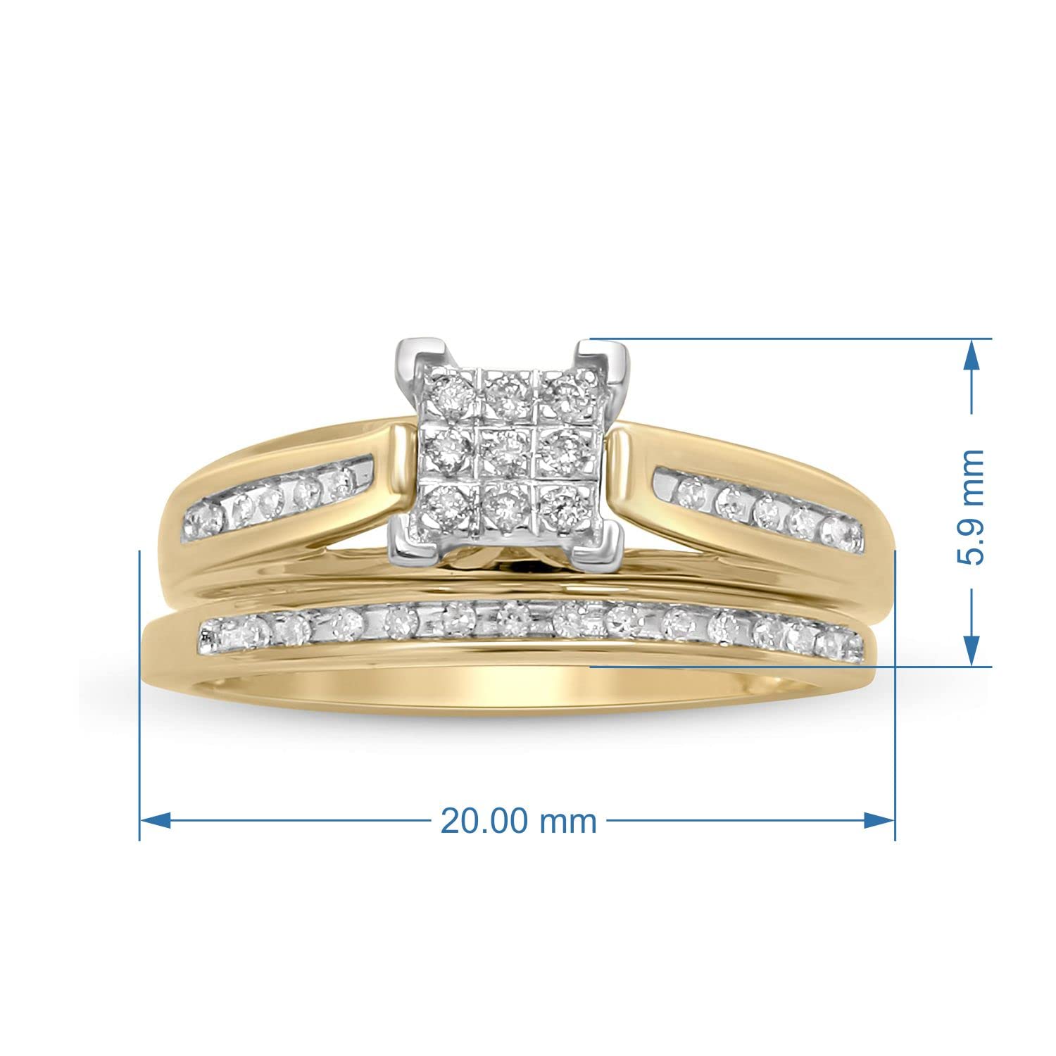 Jewelili 10K Yellow Gold Square Centre 1/6 Cttw Natural White Round Diamond Bridal Ring Set, Size 8