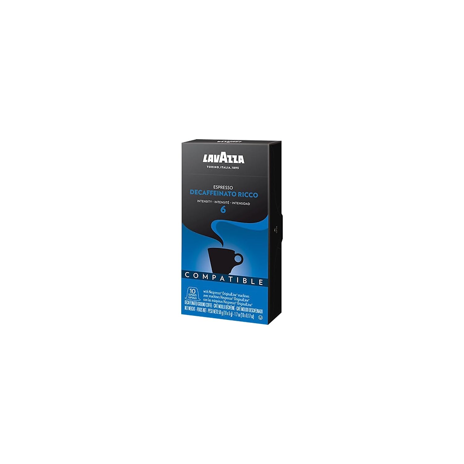 Lavazza Premium Coffee Corp Nespresso OriginalLine Compatible Capsules, Espresso Decaffeinato Ricco, Dark Roast Coffee, 10 Ct