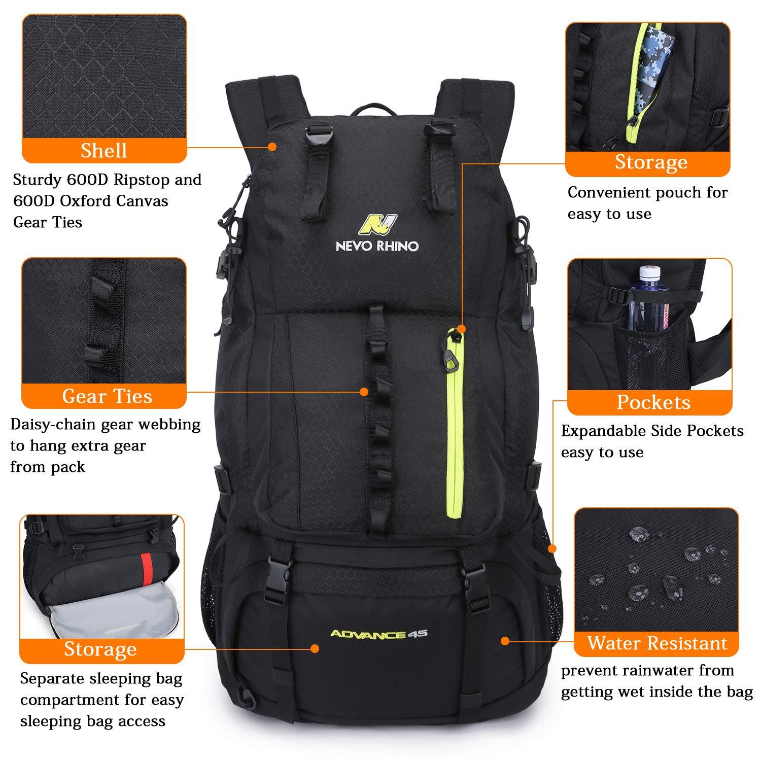 Lightweight Hiking Backpack 45L / 50L,Internal Frame Backpack with Rain Cover and Whistle Buckle; Durable Rock Climbing Backpack. High Performance Backpack for Camping, Tourism and Outdoor Sports