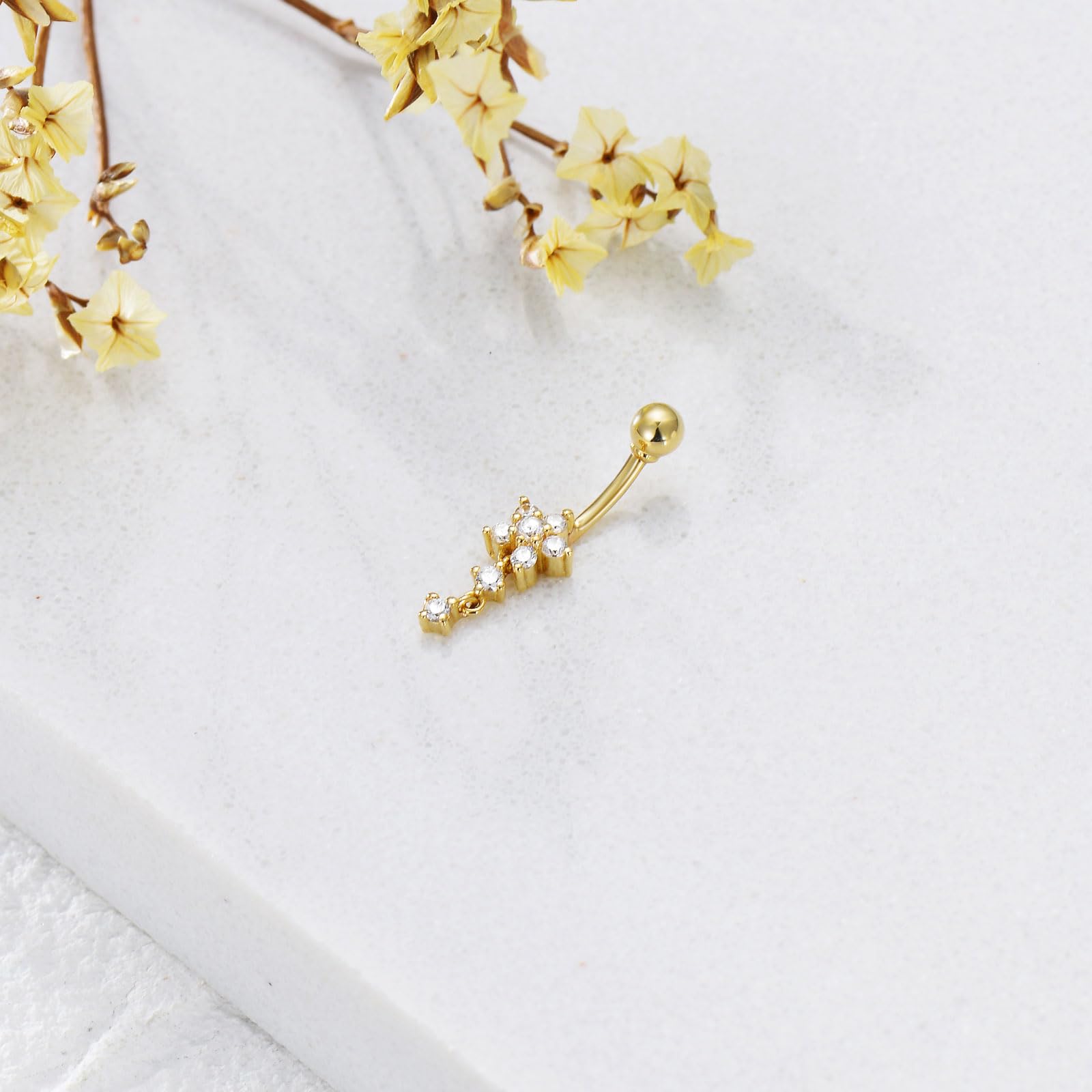 MRENITE Solid 14K Gold Dangle Belly Button Ring for Women Navel Ring Real Gold 16G CZ Belly Button Piercing Jewelry for Women