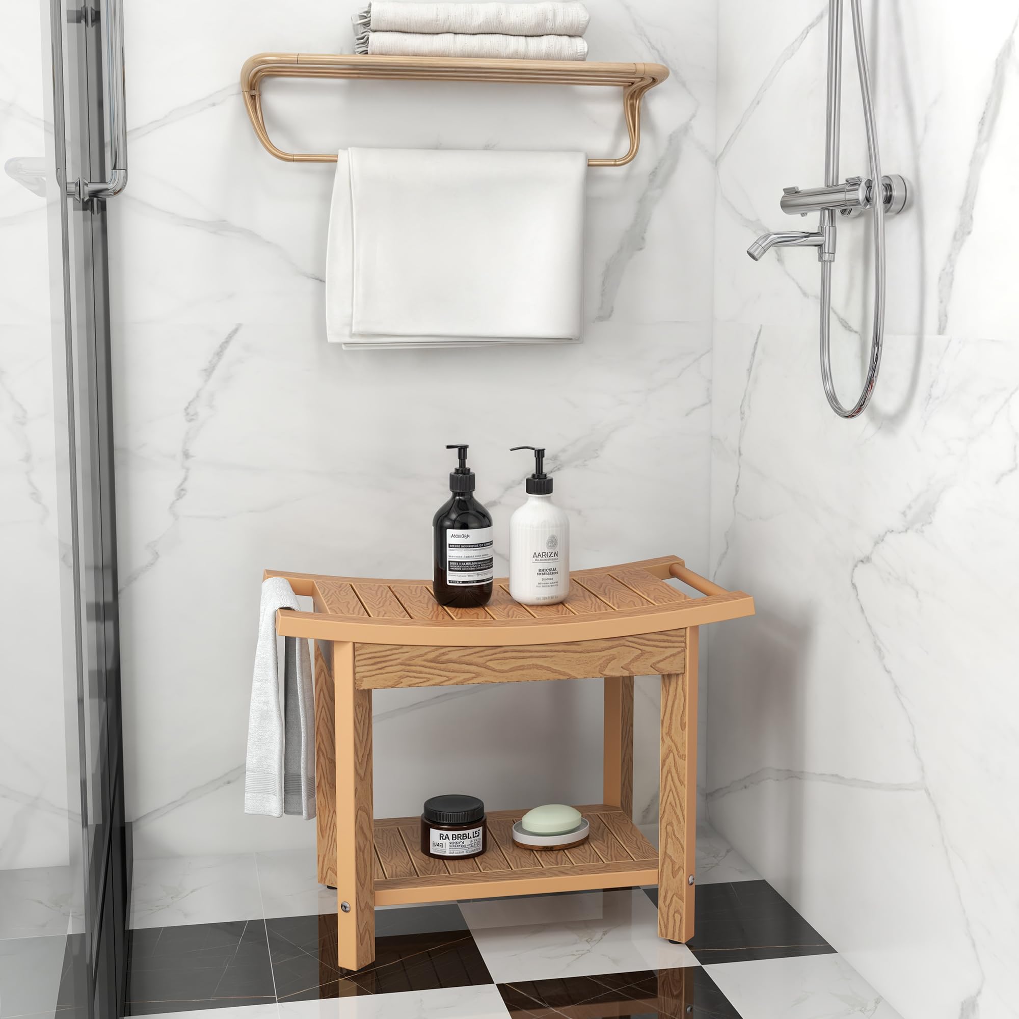 YITAHOME Poly Lumber Shower Bench with Handles, Shower Stool with Storage Shelf, Watertight & Non-Slip Design Shower Seat, Shower Bath Chairs Spa Stool for Bathroom 24' x 13' (Black)