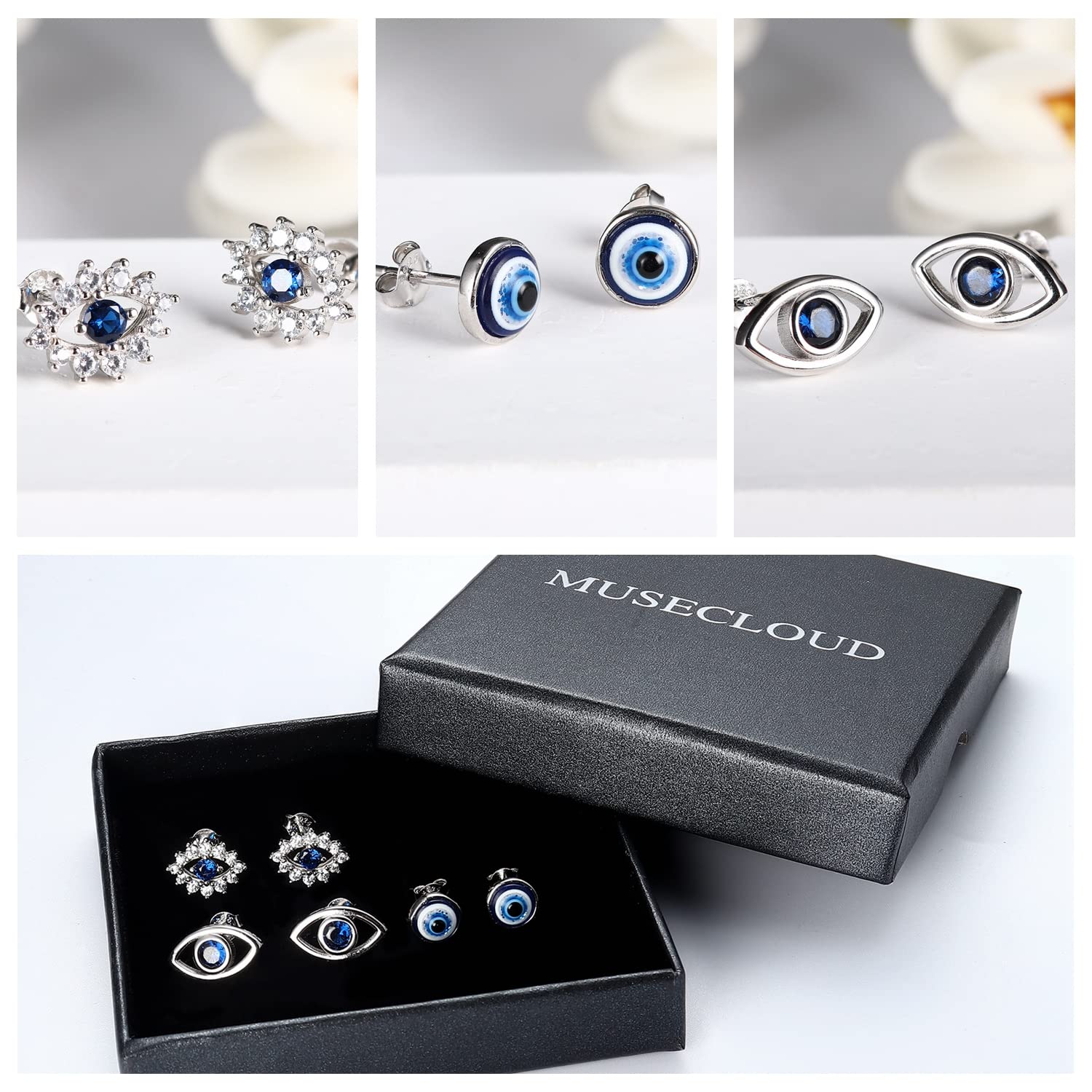 MUSECLOUD Evil Eye Earrings for Women White Gold Plated 925 Sterling Silver Evil Eye Stud Earrings Minimalist Blue CZ Eye Earrings Protection Jewelry (Silver)