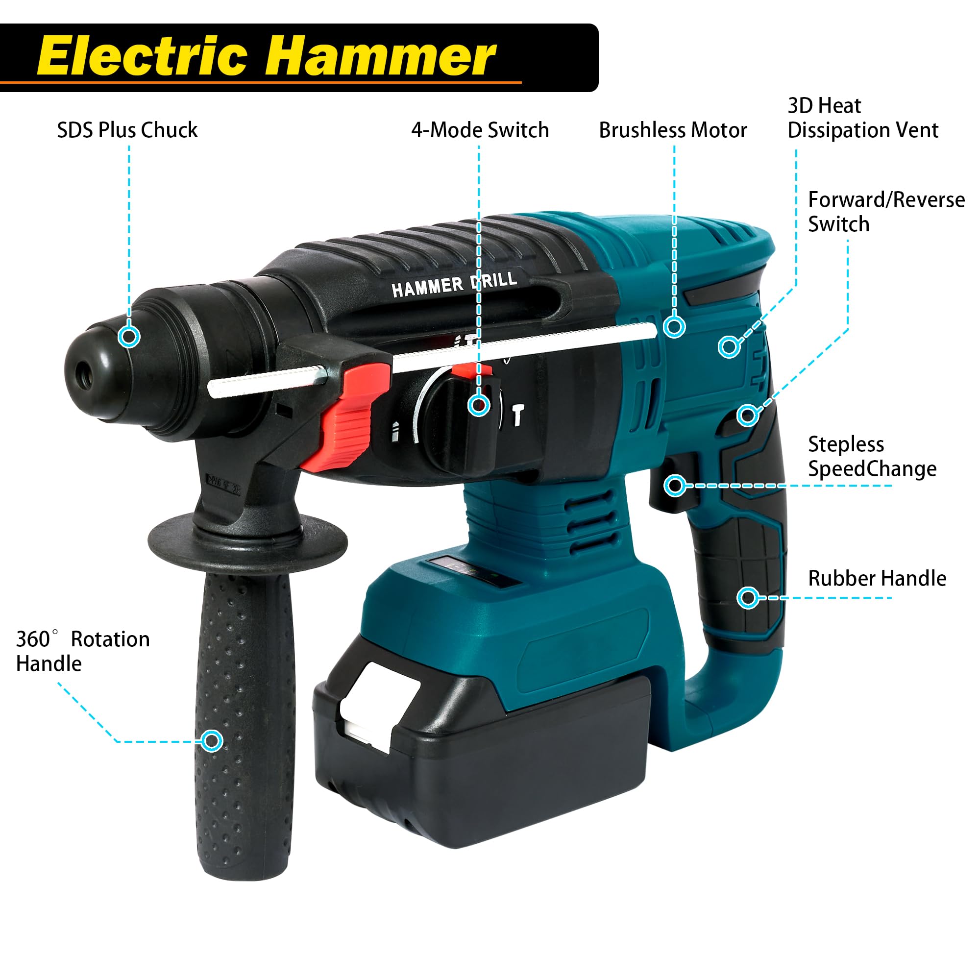 Velamnia Power Tool Combo Kits, 4 Pieces Brushless Machine Set Electric Hammer/Angle Grinder/Impact Wrench/Drill Supplied in 1 Large Carry Case, Electric Tools