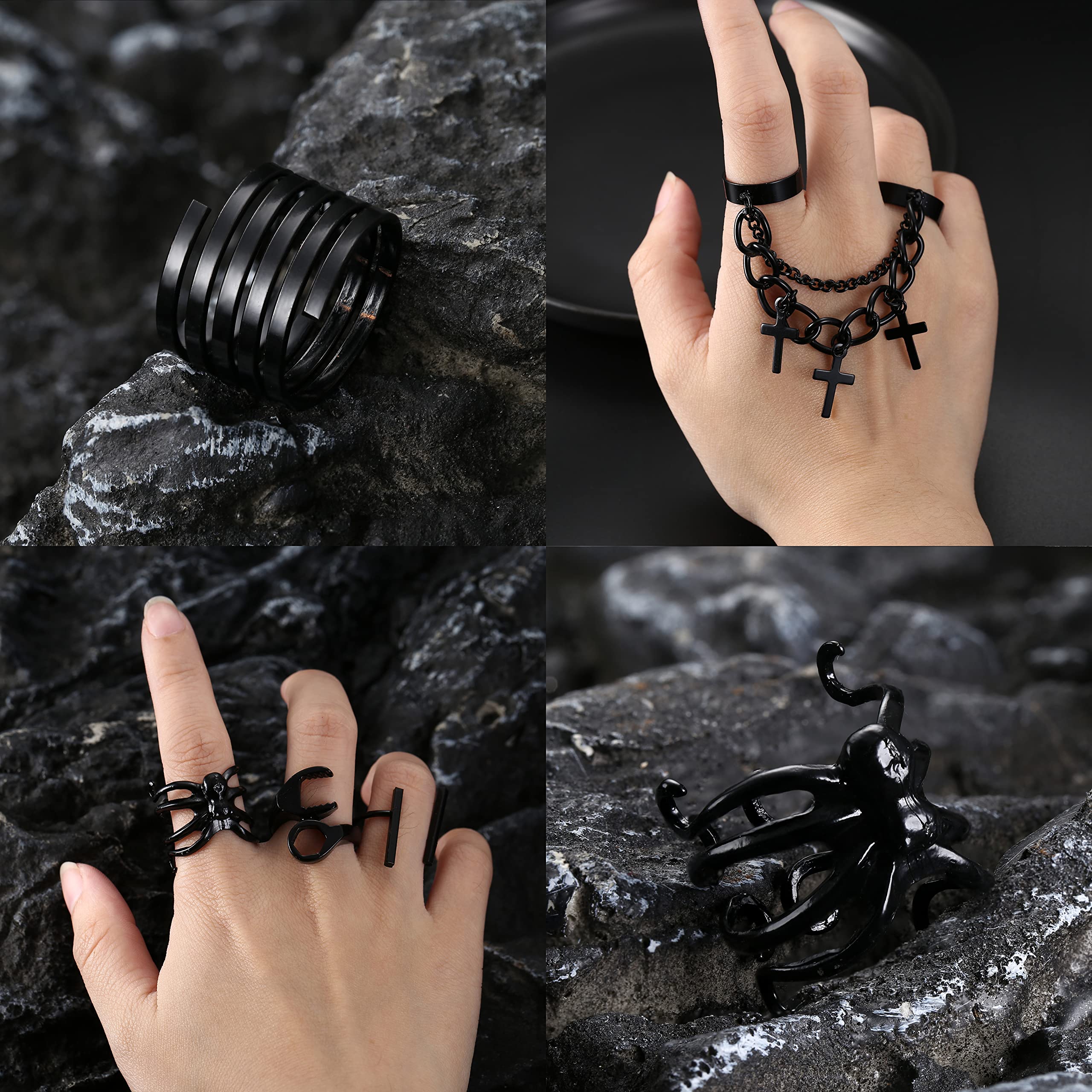 ORAZIO 15Pcs Chain Rings Aesthetic Goth Rings for Women Men Adjustable Gothic Punk Rings Chain Finger Rings Grunge Emo Y2k Rings Cool Statement Stackable Rings Set Vintage Gothic Jewelry Black Tone