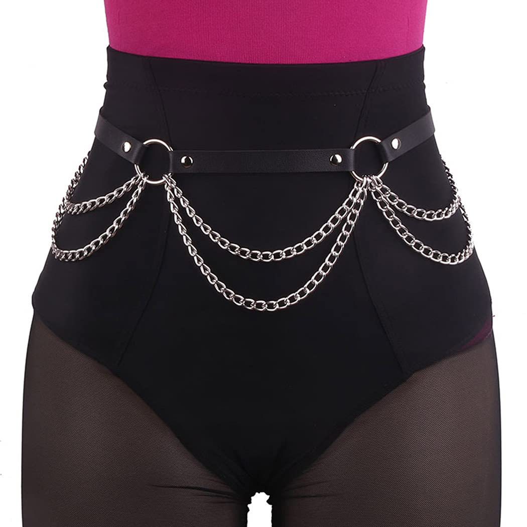 Nicute Punk Leather Belt Chains Black Waist Belt Chain Multilayered Tassel Goth Body Accessories for Women and Girls (3)