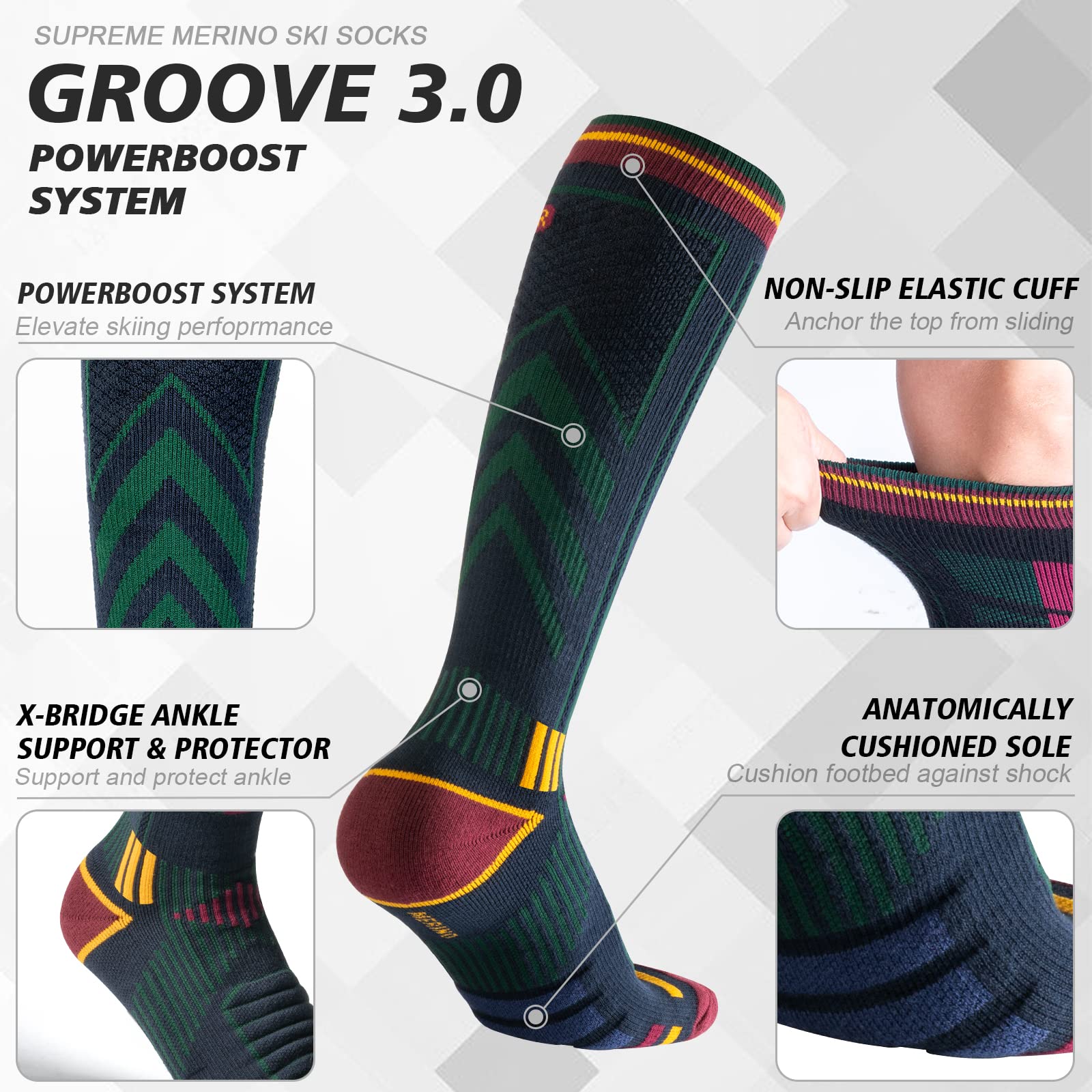 Rahhint Merino Wool Ski Socks 2-Pack, Compression Knee High Thermal Socks Womens Mens for Skiing Snowboarding Cold Weather