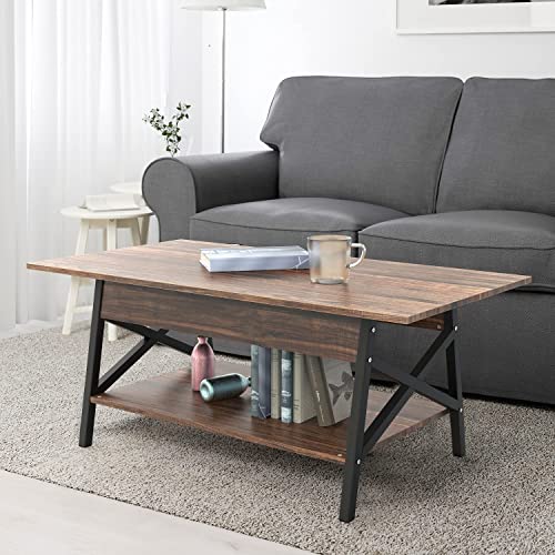 Yesker Farmhouse Coffee Table, Industrial Rustic Coffee Table Heavy Duty Two Tier Coffee Tea Table 45β with Shelf for Living Room, Accent Cocktail Table with Stronger Metal Frame Thicker Leg