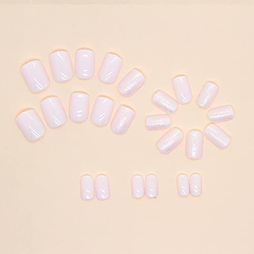 KSTBJN 24 Pcs Short Press on Nails Cute Square Fake Nails, Glitter Glue on Nails with Design Full Cover Stick on Nails Light Pink Acrylic Nails Glossy Artificial False Nails for Women DIY Manicure