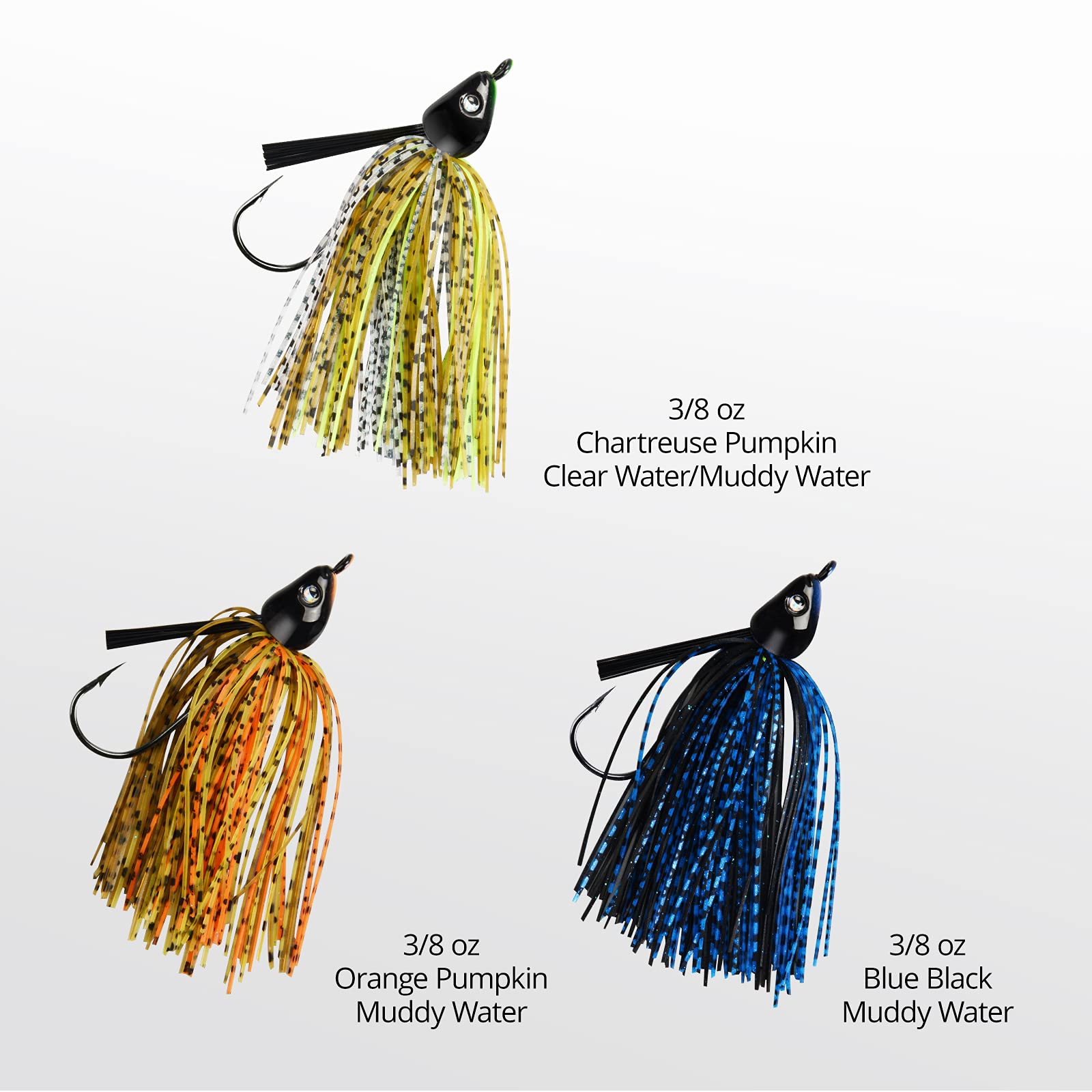 MadBite Swim Jig Fishing Lures, Heavy Brush Guard, Silicone Skirt, Sticky-Sharp Heavy-Wire Needle Point Hooks, Popular 3/8 oz Sizes, 3 pc Multi-Color Kits, includes Storage Box, Muddy Water