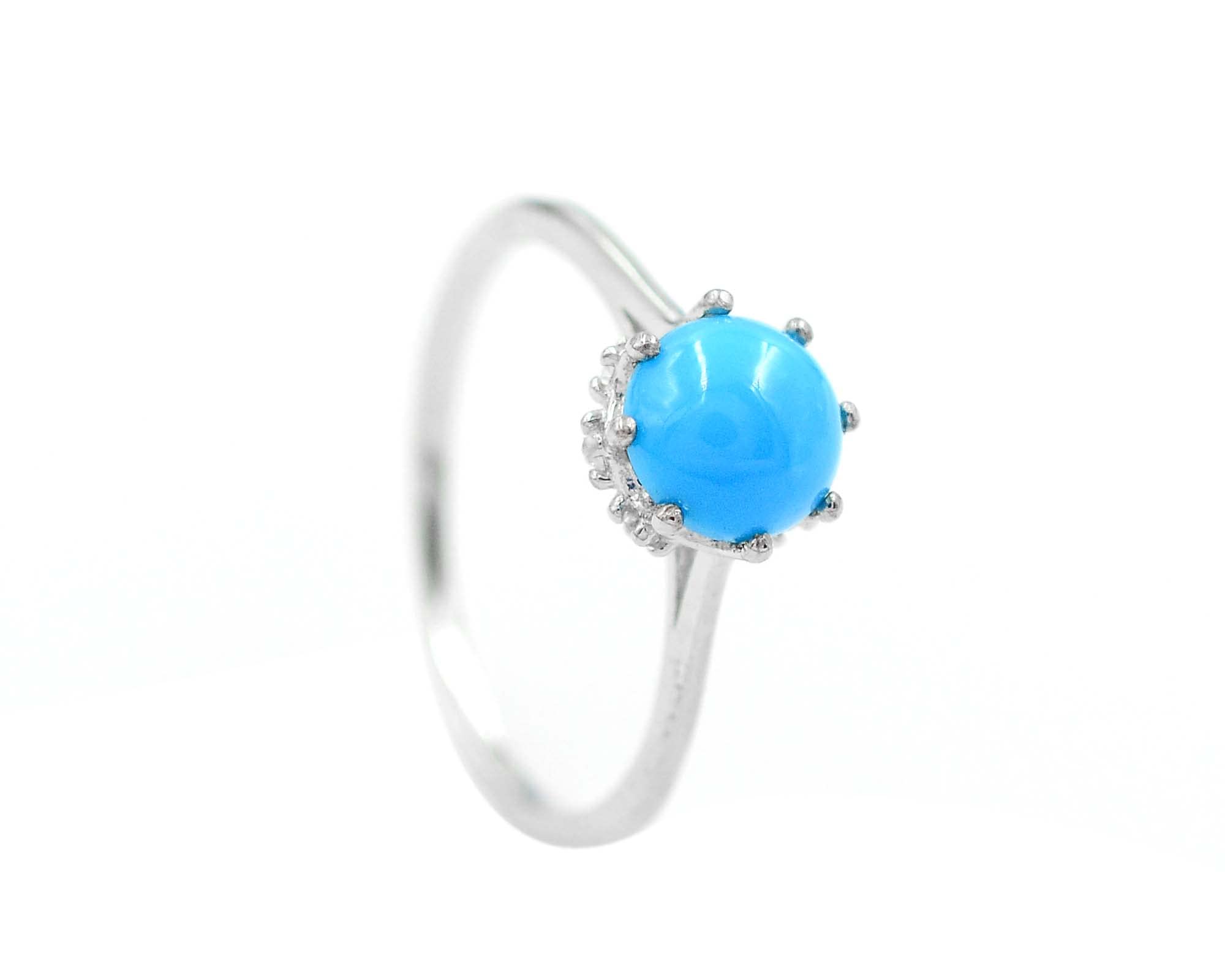 Natural Blue Sleeping Beauty Turquoise Cabochon Gemstone 7 MM Round 925 Sterling Silver December Birthstone Solitaire Unisex Proposal Ring For Engagement Gift (Rhodium Plated Silver, 7.5)