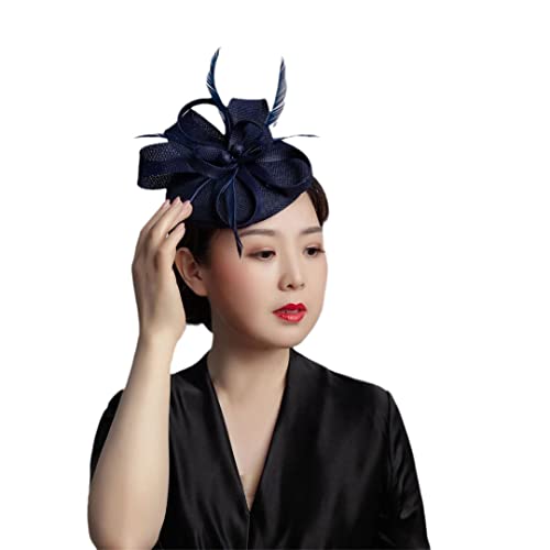 Navy Blue with Feathers Wedding Races Special Occasion Hat Church Headwear Navy Blue