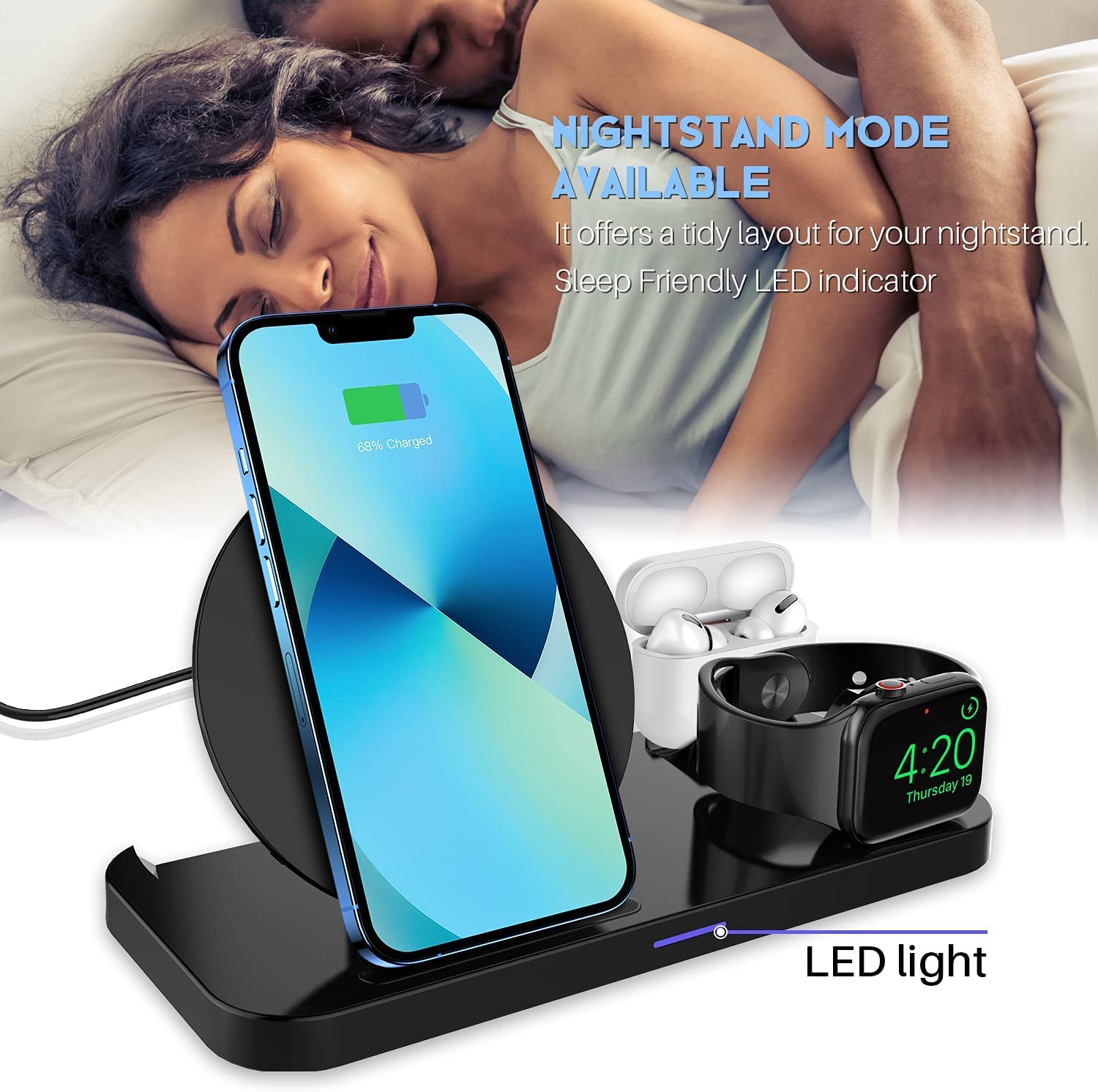 KKM Wireless Charger, 3 in 1 Qi-Certified Fast Wireless Charging Station Compatible with iPhone 14 Pro/14 Pro Max/14/14 Plus/13/12/11/XS, Charging Stand Dock for Apple Watch & AirPods (with Adapter)
