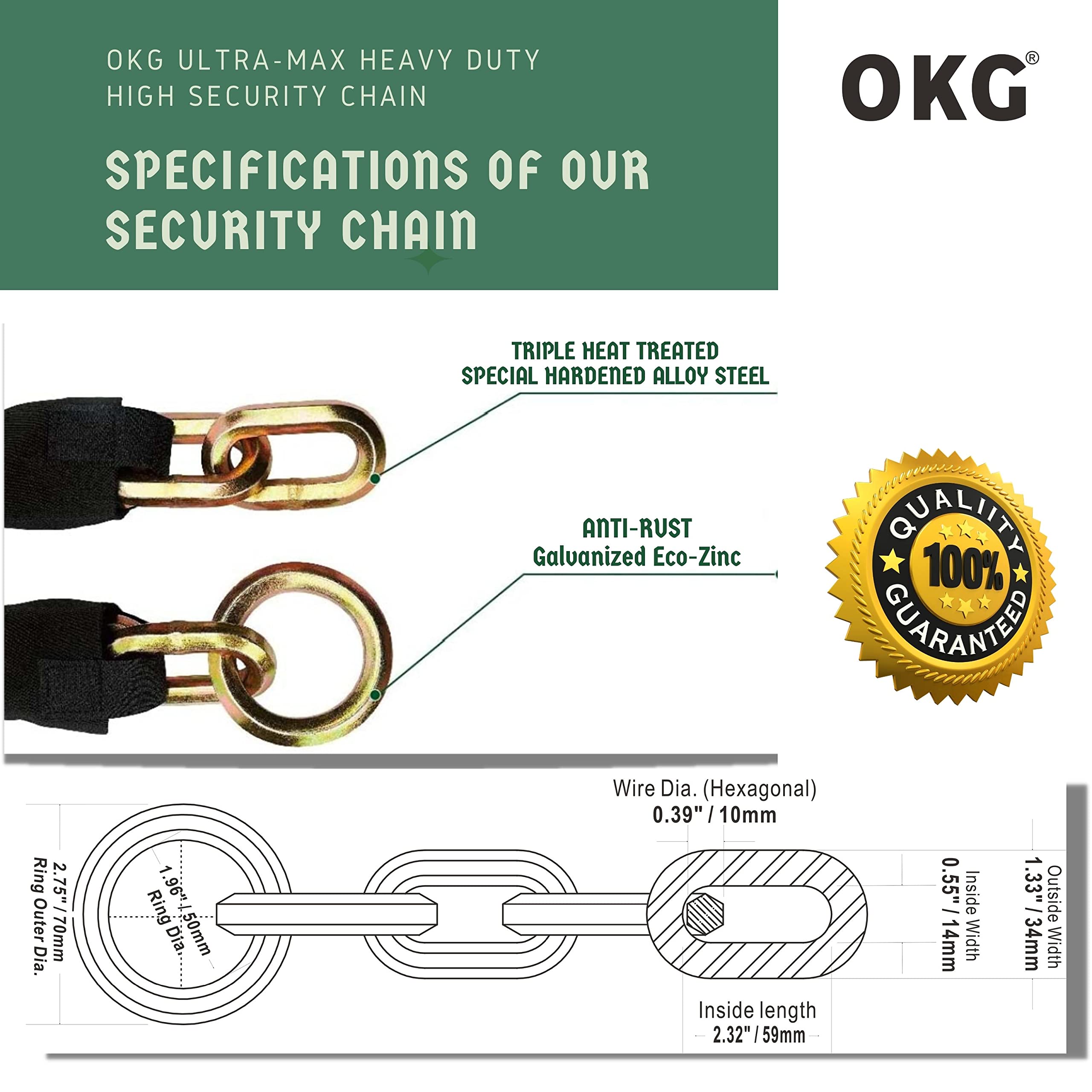 OKG Hardened Steel 4.3 Foot x 3/8" (10mm) Thick Hexagonal Heavy Duty Security Chain for Bicycles, Motorcycles, Trailers, E-Cargo Bikes, Generators, ATV's, etc.