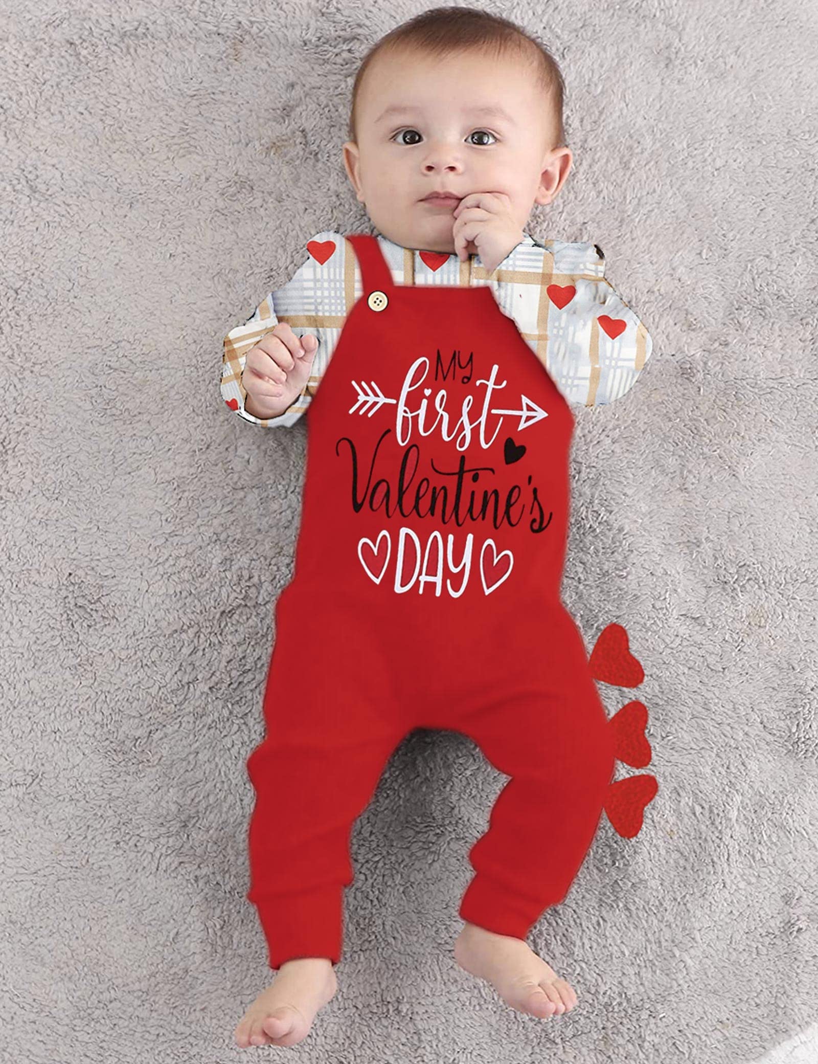 Tomolant toddler boy valentines day outfit love pattern plaid long sleeve romper +red jumpsuit +hat 3PCS valentines boy outfit