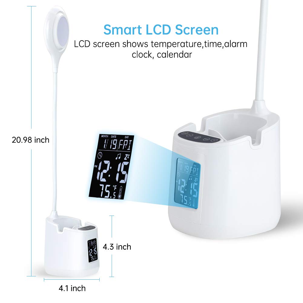 KKUYI LED Desk Lamp with Pencil Holder, Kids Desk Lamp with Clock, 3 Brightness Boys Lamp with Organizer Dimmable Table Lamp for Teens, Rechargeable Study Lamp for Home and Office