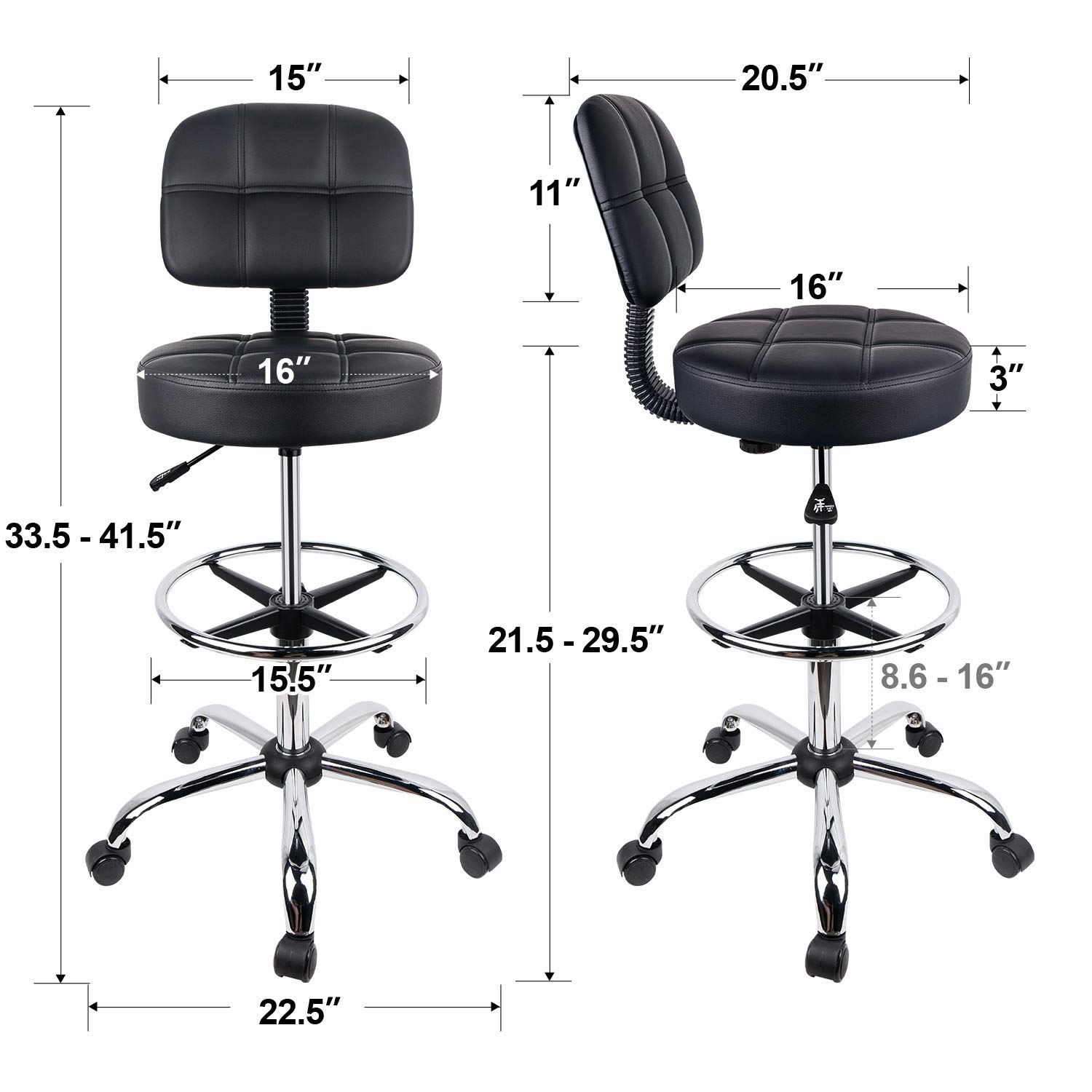 Leopard Round Drafting Chair, Adjustable Swivel Tall Drafting Stool Office Chair for Standing Desk, with Back and Footring - Black (Black)
