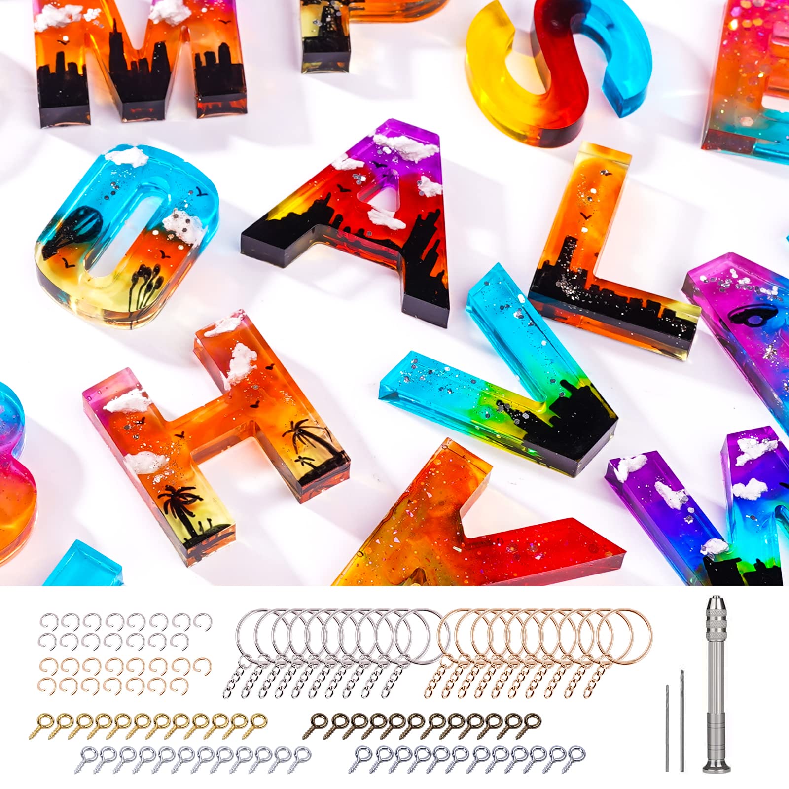 LET'S RESIN 134Pcs Alphabet Resin Molds Silicone Kit, Letter Number Silicone Molds for Resin with Hand Drill,Drill Bits,Key Rings, Screw Pins, Alphabet Molds for Epoxy Resin,Keychain Making