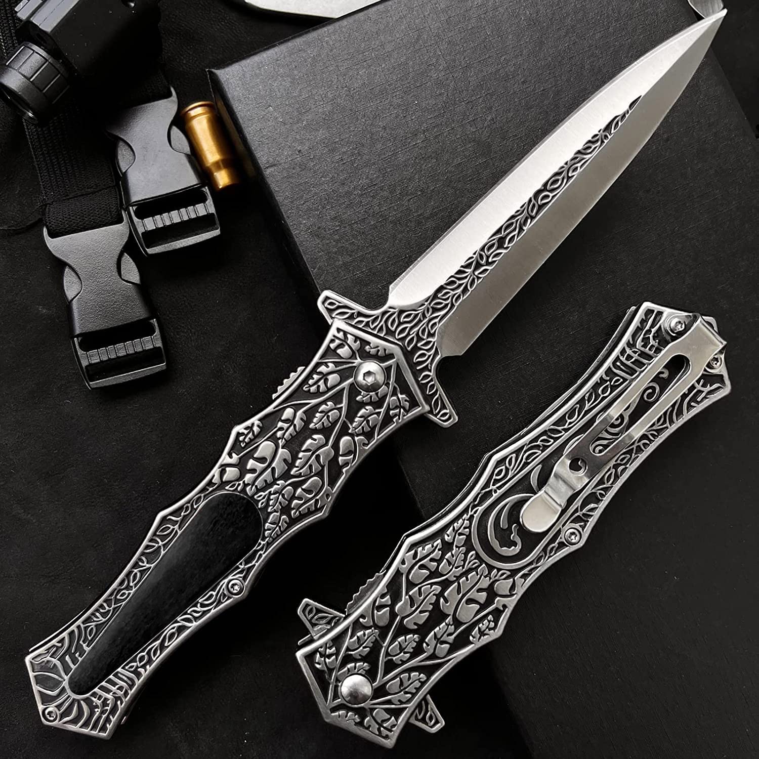 NAXFUSS Camping Tactical Japanese Pocket Knife with Leaf Patterned Wooden Handle and Clip - 8.9" EDC Hunting Survival Folding Knife with Clip, Unique Gifts for Men