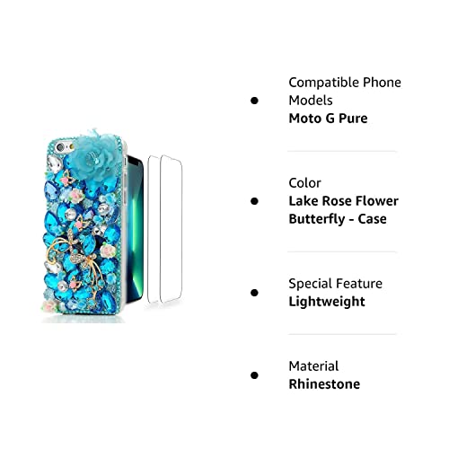 LUZiUN Glitter Design Phone Case Compatible with Moto G Pure - 3D Luxury Girls Women Shiny Bling Handcrafted Protective Cover with Screen Protector (2 Pack) - Lake Rose Flower Butterfly