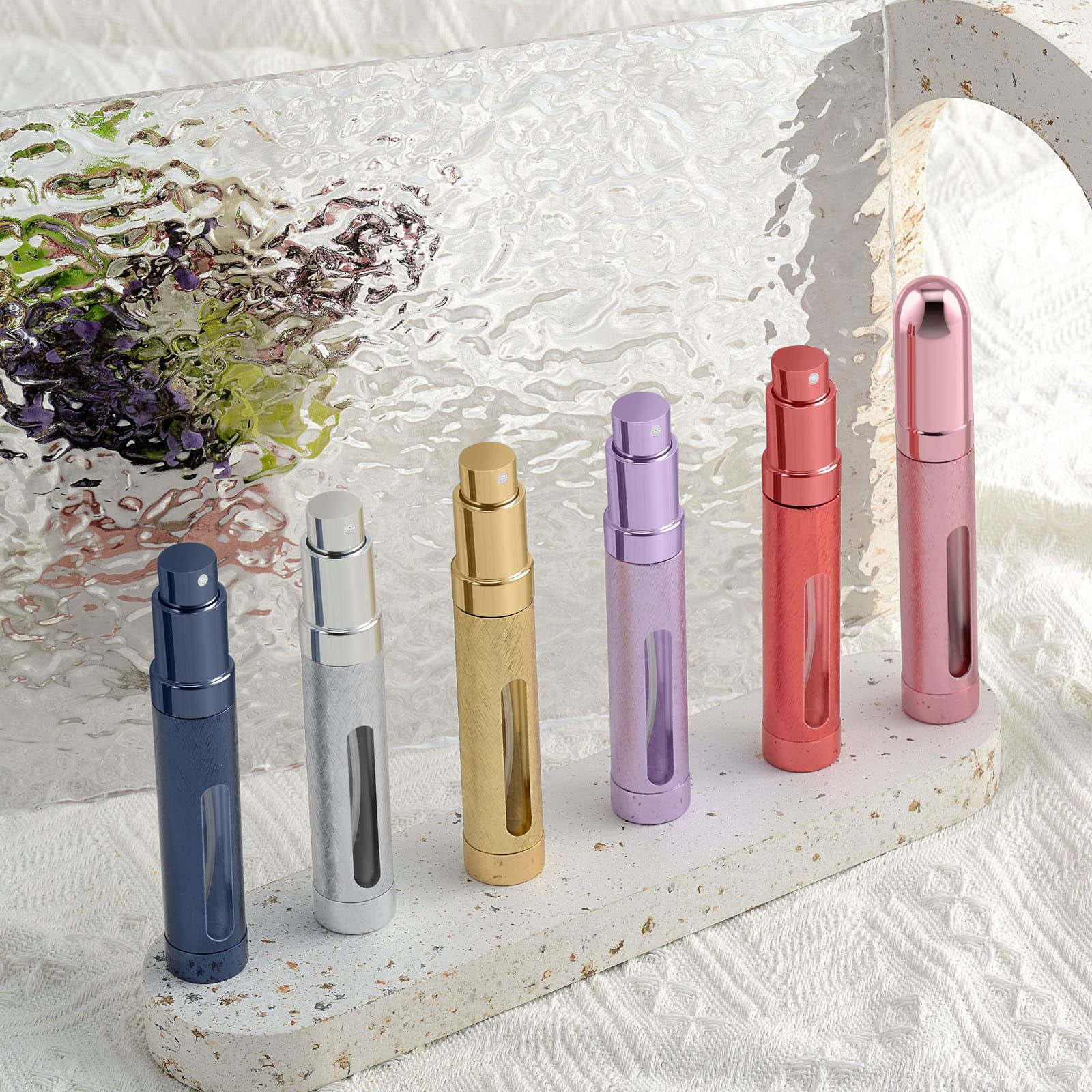Lil Ray 12ml Portable Mini Perfume Atomizer(6 PCS),Refilable Small Spray Bottle for Travel, Empty Pocket Cologne Sprayer, Glass inner and Aluminum Housing(0.4Oz,Pack of 6 with different colors)
