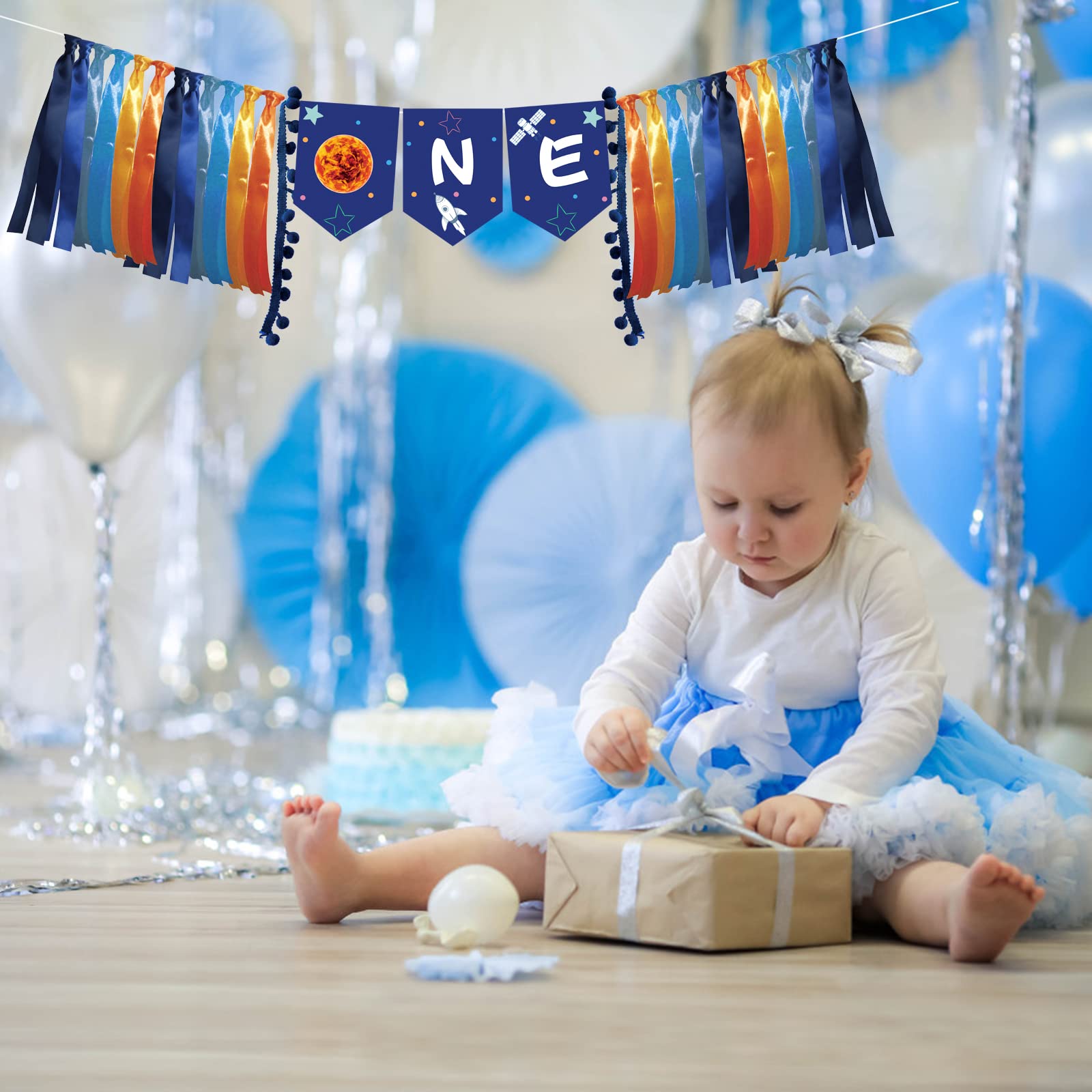 Outer Space Planets Highchair Banner 1st Birthday Boy, Space Rocket First Birthday ONE High Chair Banner Decorations, First Trip Around the Sun Party Decor Party Photo Props