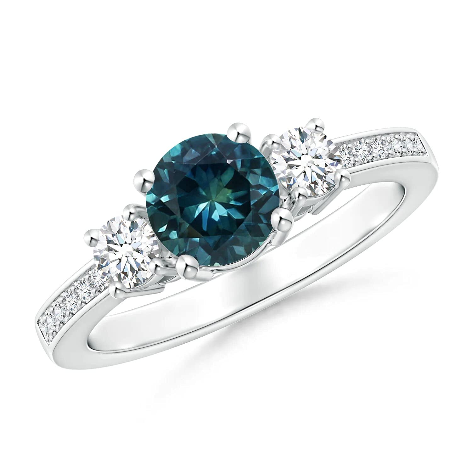 Oxy Jewels Lab Created Three Stone Teal Motana Sapphire with Diamonds Engagement Ring in 14K White Gold Finish (All Custom Sizes AVBL 5-12)