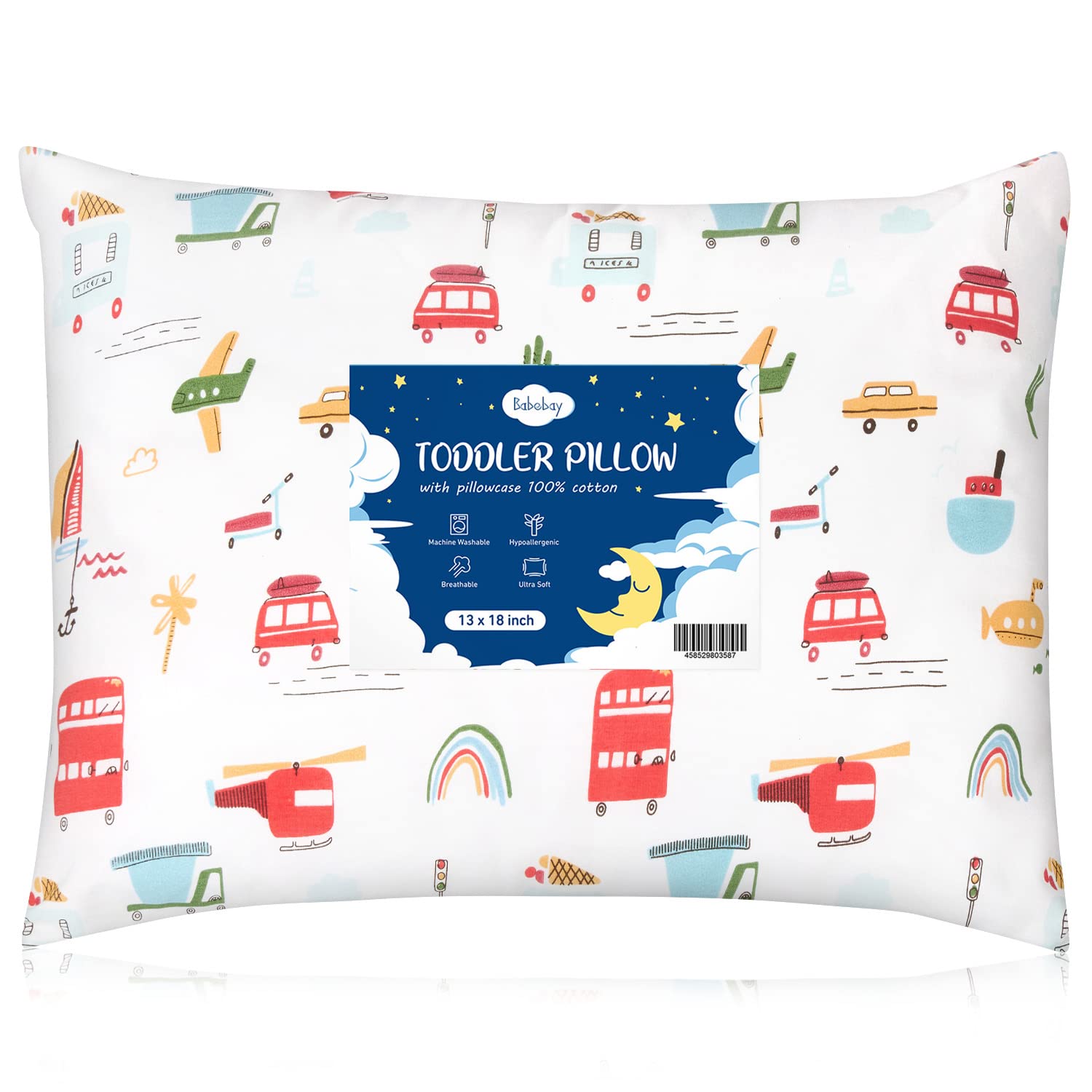 Toddler Pillowcase with Pillow, 13x18 Soft Baby Cotton Pillowcase for Sleeping, Perfect for Travel, Toddlers Cot (Car Ship)