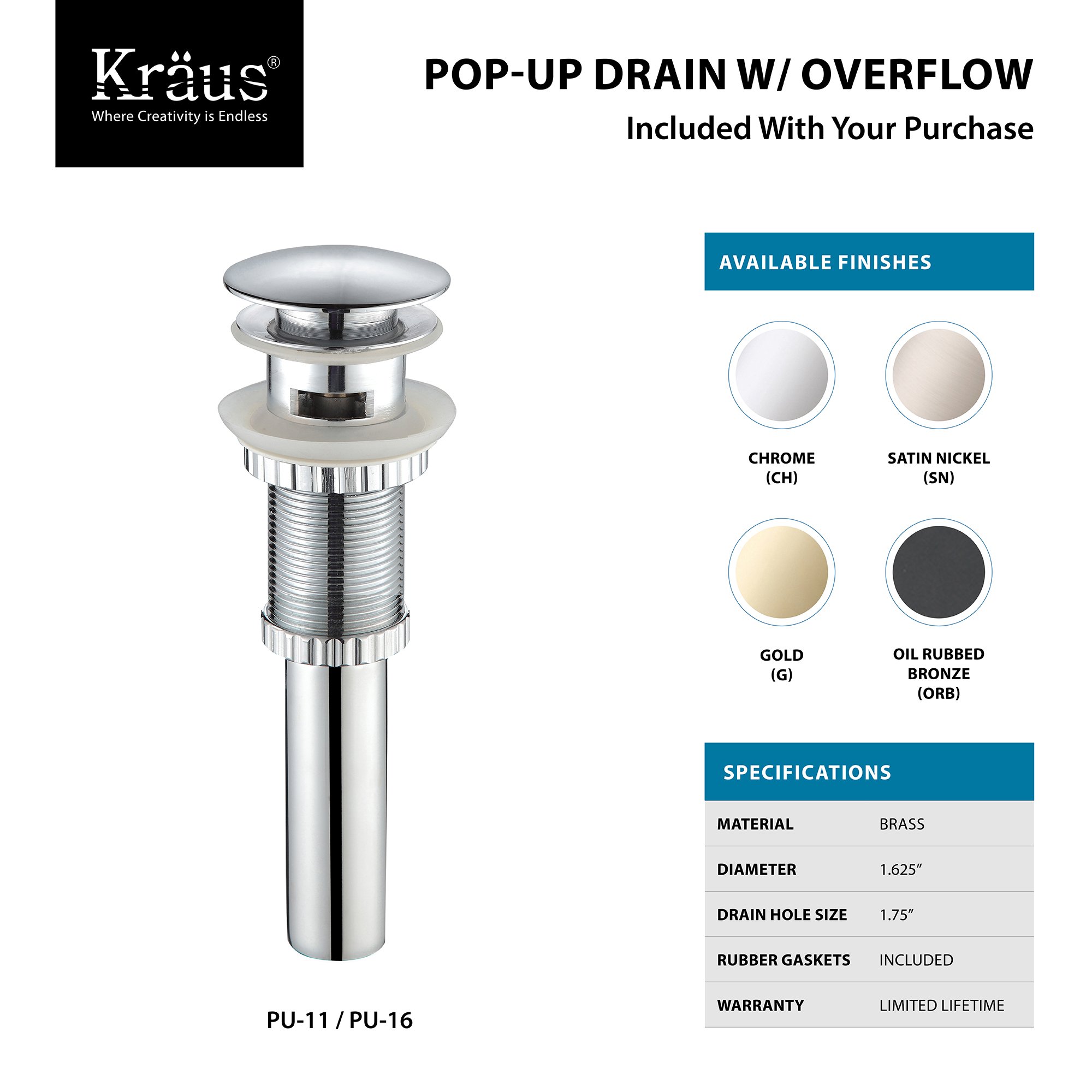 Kraus KCV-142-SN White Round Ceramic Bathroom Sink and Pop Up Drain with Overflow Satin Nickel