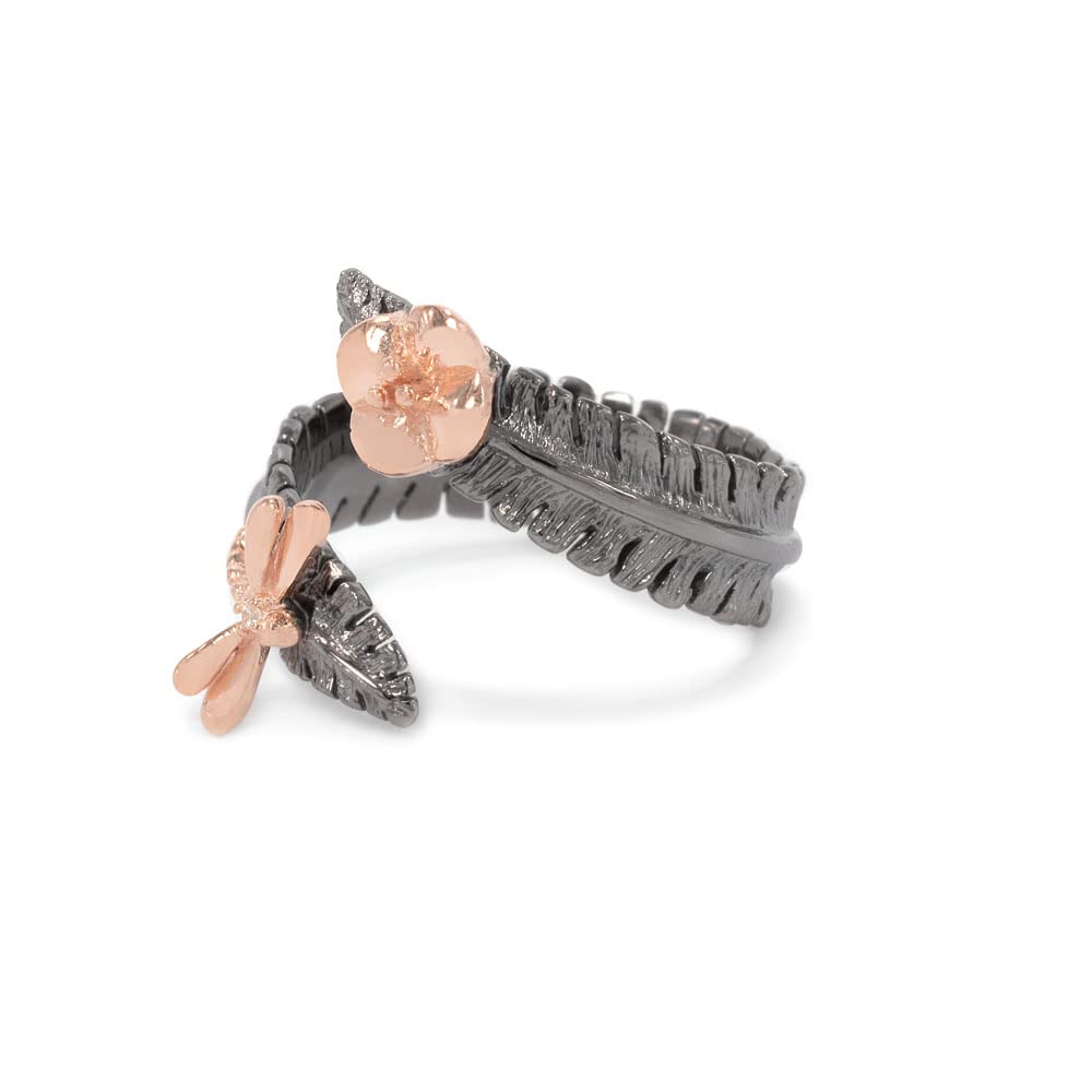 New Beginnings by Janyl Adair - Black Rhodium & Rose Gold Plated .925 Sterling Silver White Zircon 5/8" Flower & Dragonfly Fern Leaf Bypass Style Statement Ring - Size 10