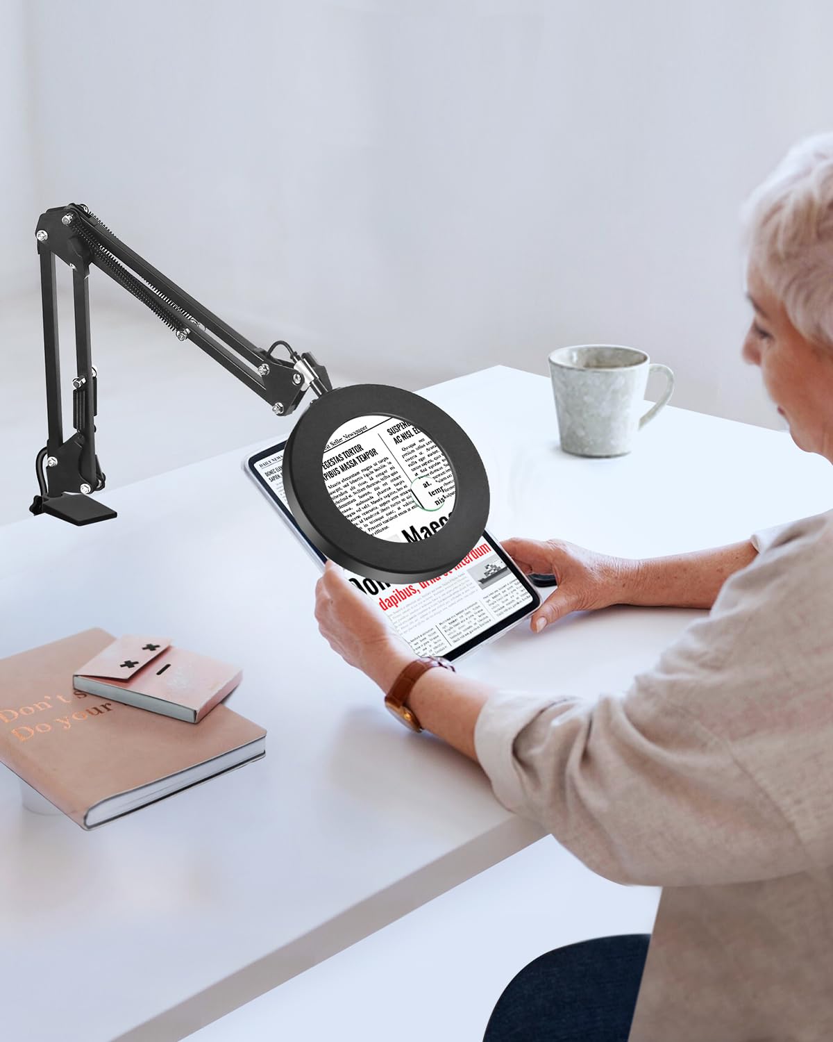 Magnifying Glass with Light and Stand, 5X Magnifying Lamps - 3 Light Colors Illuminated 10 Brightness Dimmer, USB Powered Magnifier Lighted Lens Adjustable Arm and Tabletop Clamp for Close Work Craft