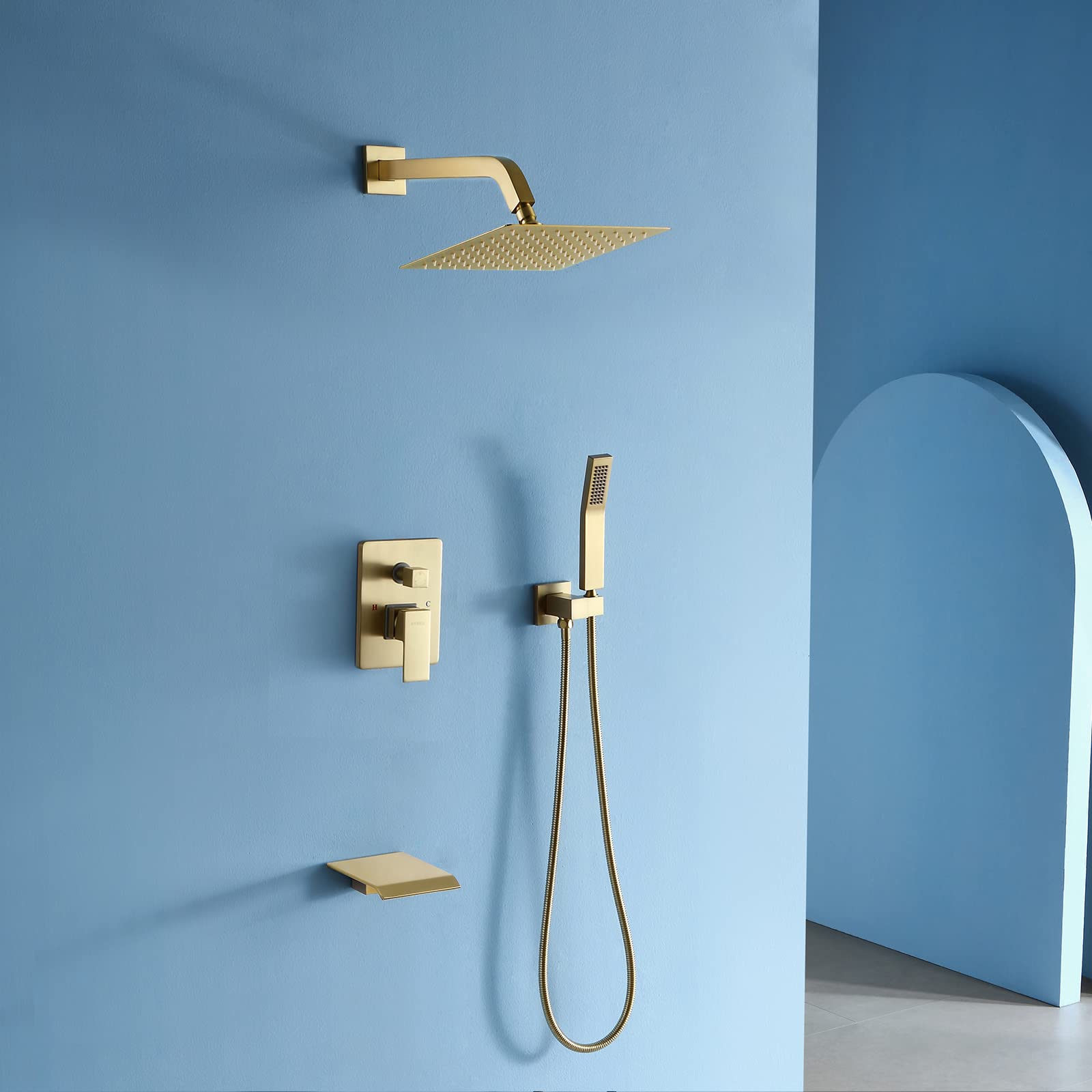 JOYWELL Brushed Nickel Bathtub and Shower Faucet set Complete,with 10 inch Shower Head and Waterfall Tub Faucet