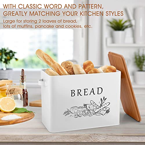 TeamFar Bread Box with Wooden Lid, 13.1β x 7.2β x 9.7β Metal Bread Container Storage Holder for Family Farmhouse Kitchen Countertop, Powder-Coated & Healthy, Large Capacity & Classic Pattern (White)