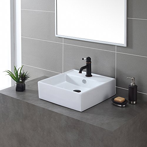 Kraus KCV-150 Elavo Square Vessel Porcelain Ceramic Bathroom Sink with Overflow, 18 1/2, 18.63, White