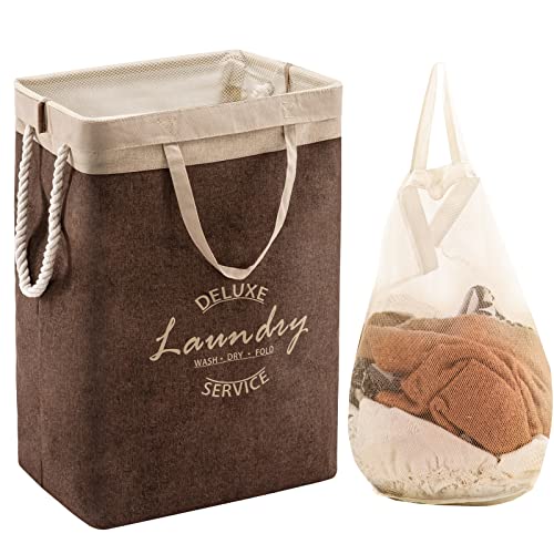 TECHMILLY 72L Large Laundry Hamper with Removable Bag, Collapsible Laundry Basket with Rope Handles, Dirty Clothes Hamper for Bedroom, Living Room, Clothes Toys Organizer, Brown