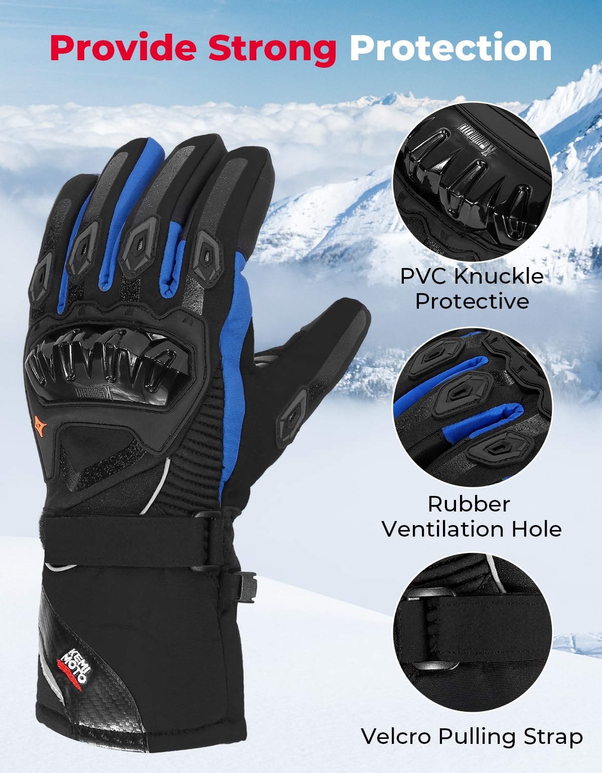 KEMIMOTO Winter Motorcycle Gloves, Rainproof Riding Gloves with Touchscreen, Motorcycle Winter Gloves for Men, Warm Motorcycle Gloves for Riding, ATV, UTV, Snowmobile - Blue, Large