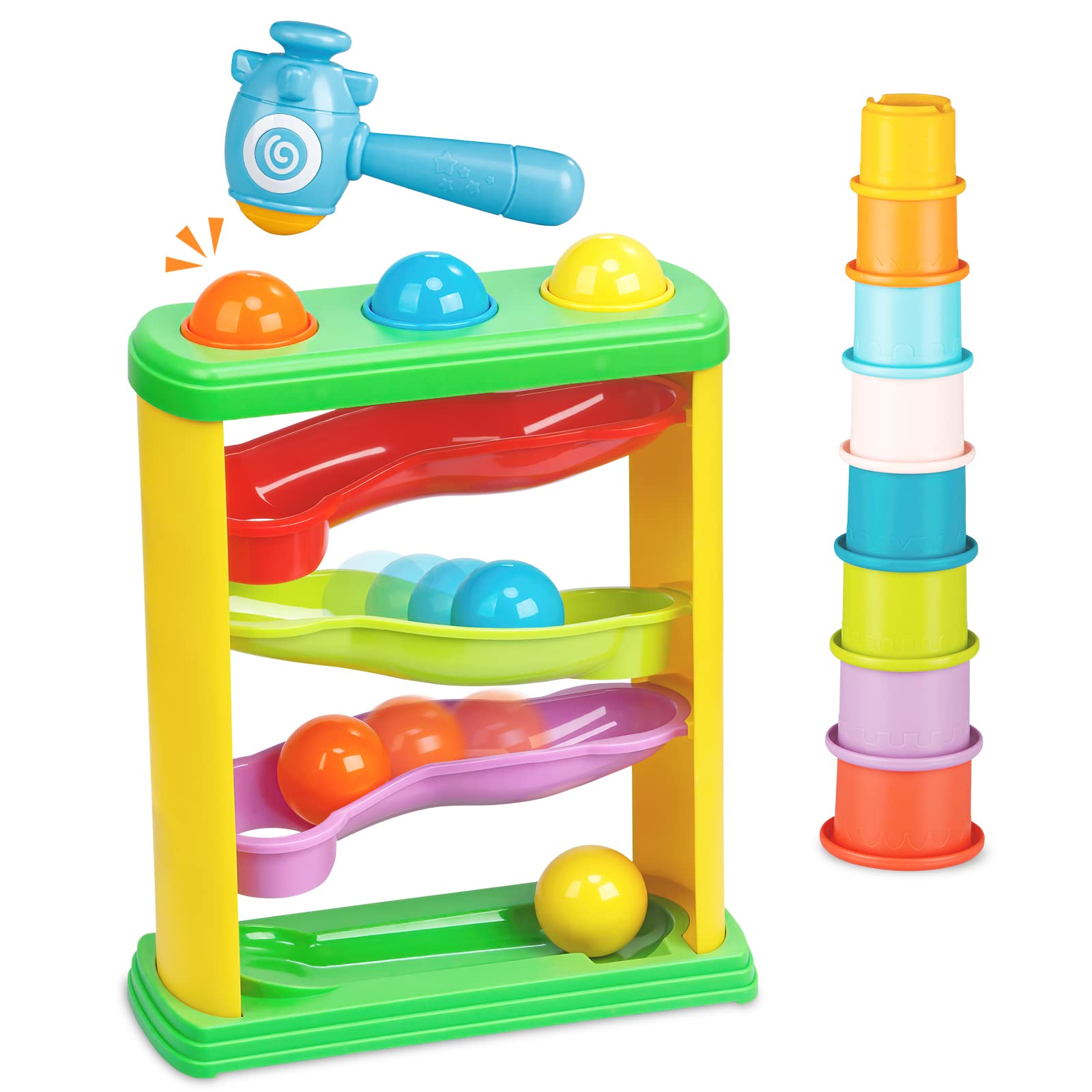 Pound a Ball with Blue Rocket Hammer + 8 Stacking Cups for 1 Year Old Boys and Girls|Durable Pound & Roll for Toddler Age 1 2 3|Montessori Educational Learning Set|Birthday Gift for 12-18 Months Baby