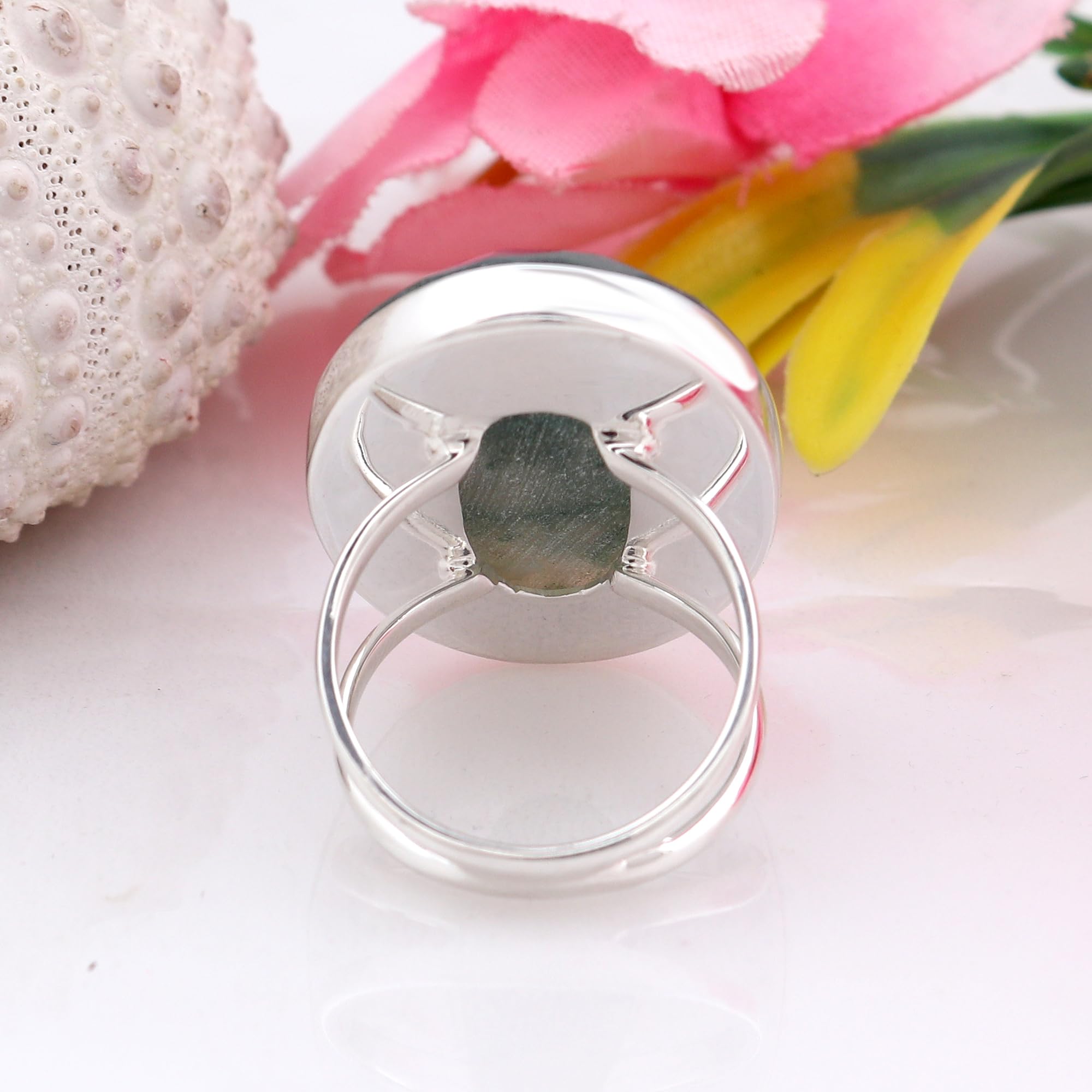 Natural Green Moss Agate Gemstone Ring | Solid 925 Sterling Silver Oval Shape Gemstones Rings Jewelry Gift for Man and Women (Available in size 5, 6, 7, 8, 9, 10) (Green Moss Agate, 6)