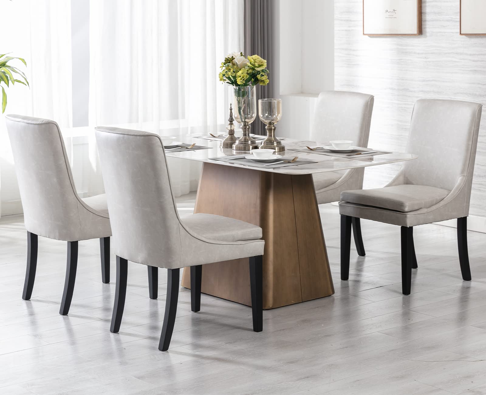 Kmax Linen Fabric Dining Chairs Set of 4 Upholstered Side Chairs Modern Accent Chairs with Wood Legs for Dining Room Kitchen Restaurant, Light Grey