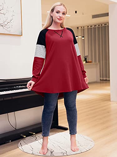 LARACE Plus Size Tops Women Pullover Sweatshirt Color Block Tee Long Sleeve Tunic Striped Raglan Shirt(Wine Red 4X)