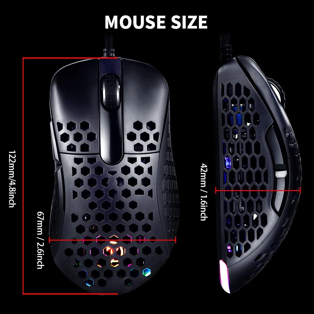 Lightweight Gaming Mouse, Honeycomb Design RGB Backlit Support Custom Buttons Maximum Support 12000DPI (Black)